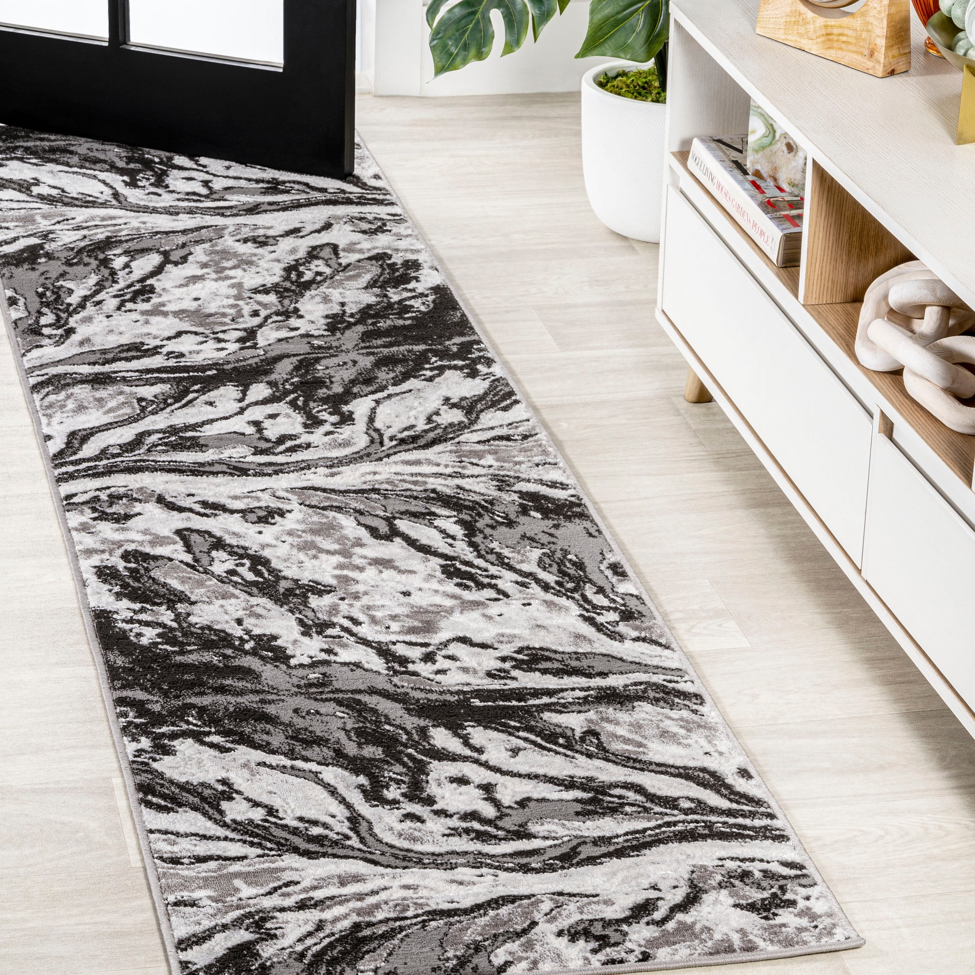JONATHAN Y SILK ORCHID 2 x 8 Runner Rug, Swirl Marbled Abstract - Black ...