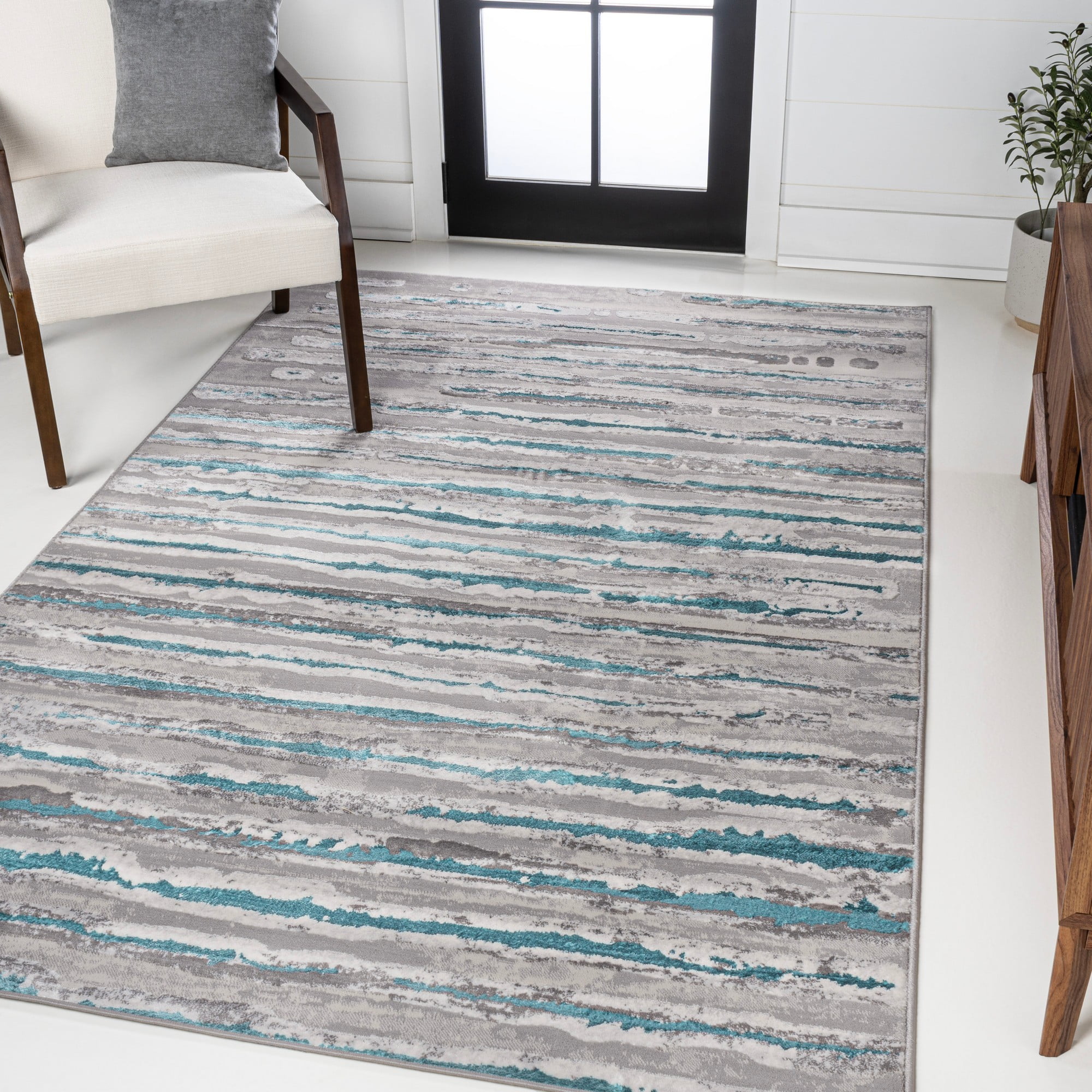 JONATHAN Y SILK ORCHID 5 x 8 Area Rug, Batten Stripe - Gray/Turquoise ...