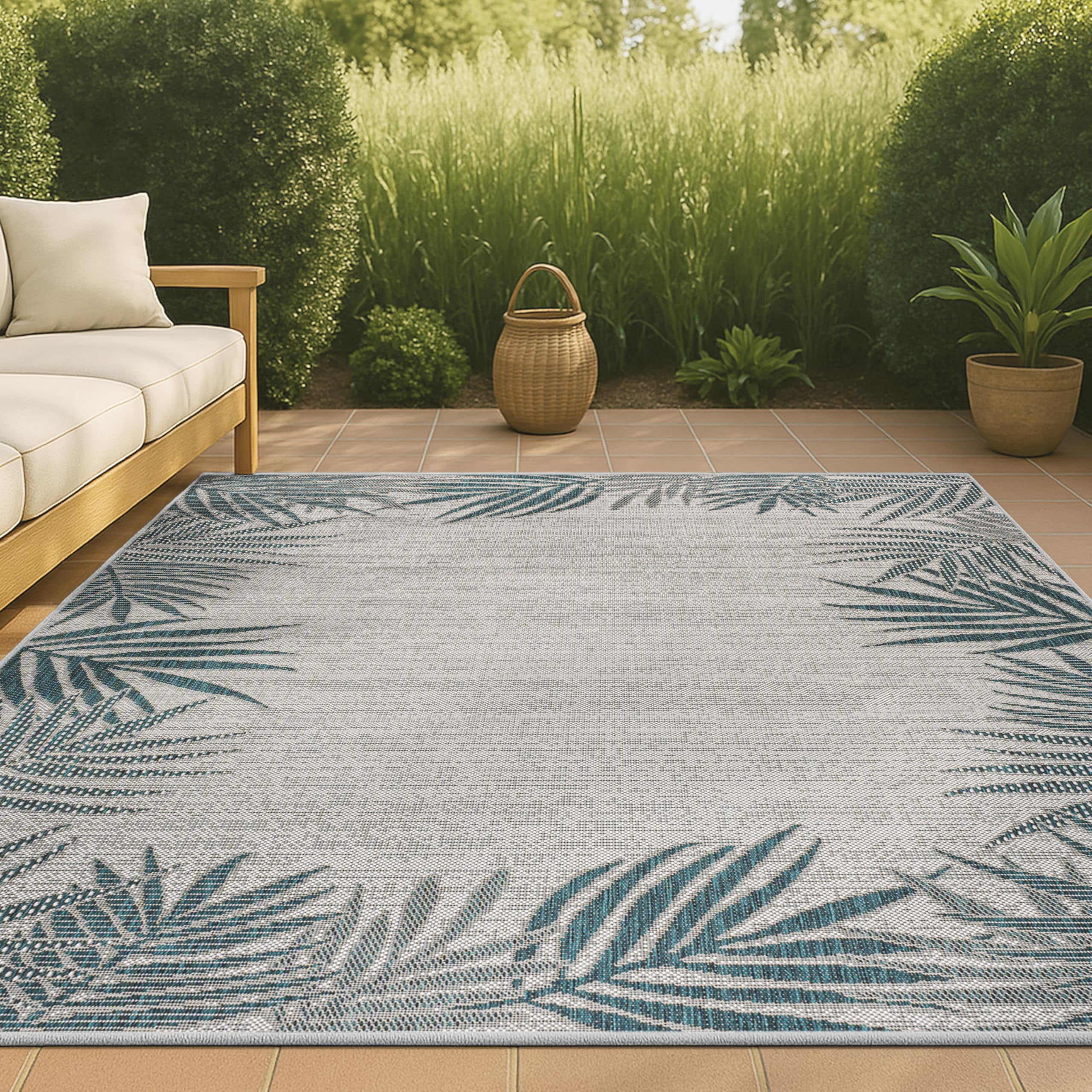 JONATHAN Y TSN207C-4 Isla Coastal Cottage Palm Frond Border Blue/Cream ...