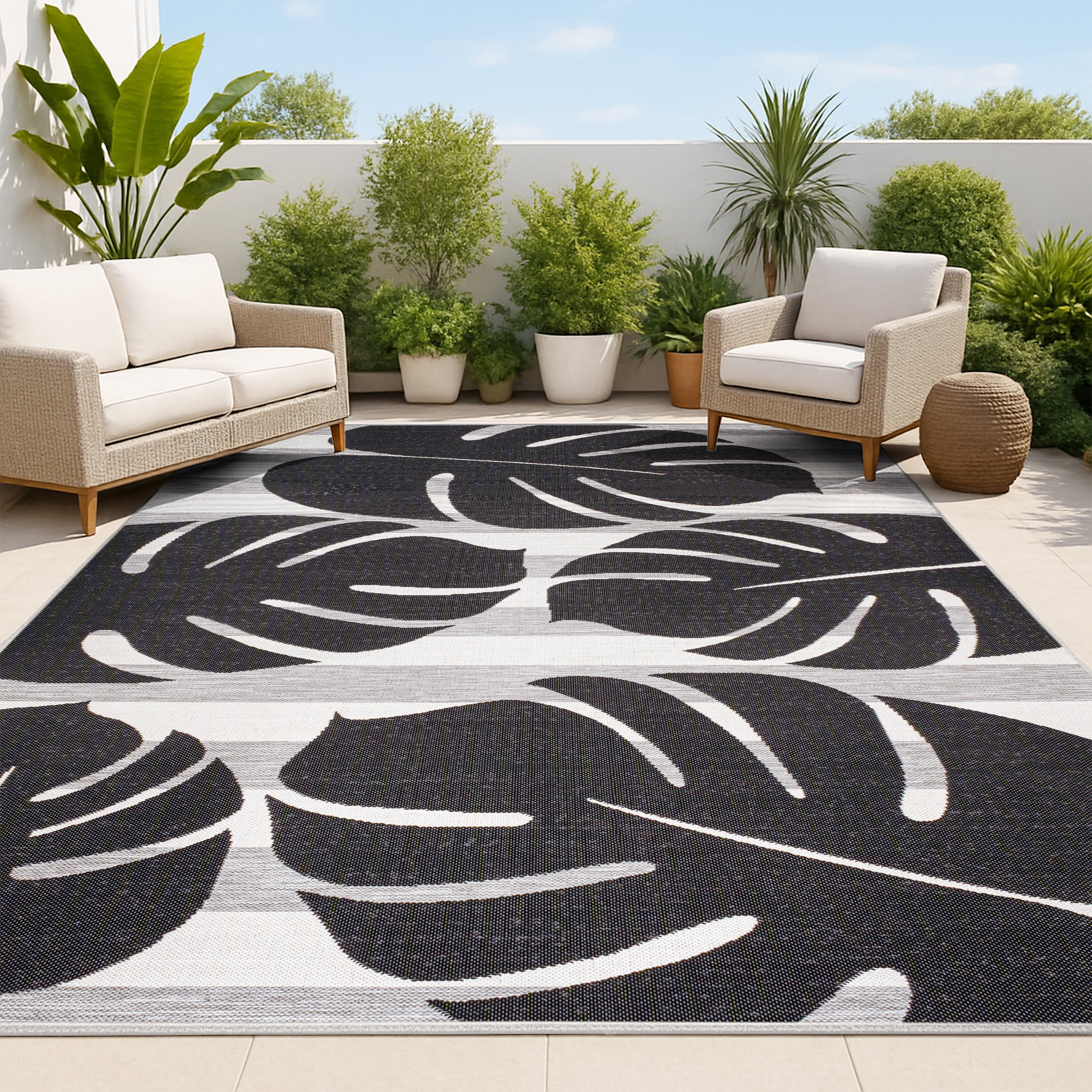 JONATHAN Y TUSCAN SUN 5 x 8 Area Rug, Allison Beach Stripe and Monstera ...