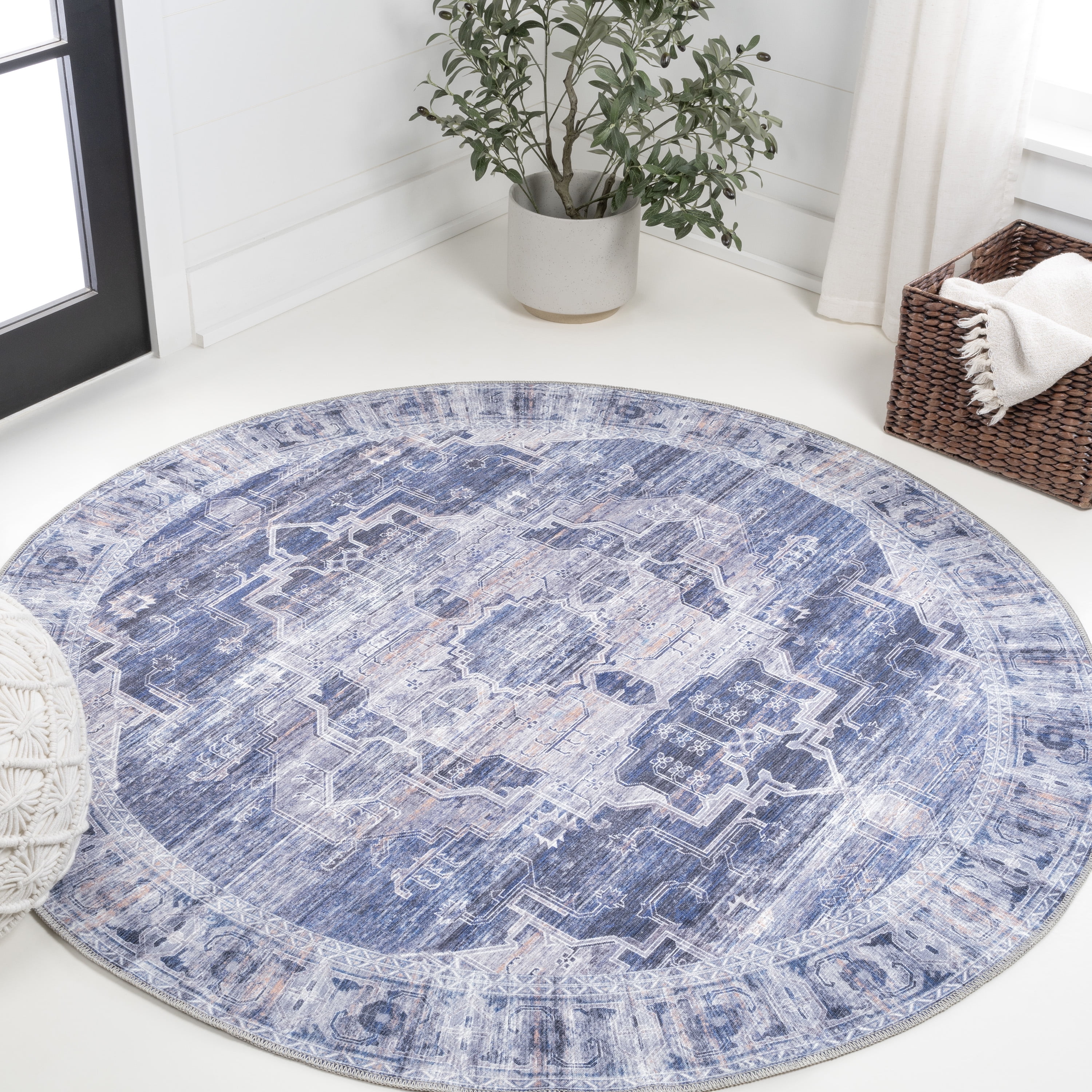 JONATHAN Y WASHABLE 8' Round Area Rug, Alanya Ornate Medallion - Navy/Cream, WSH100A-8R ...