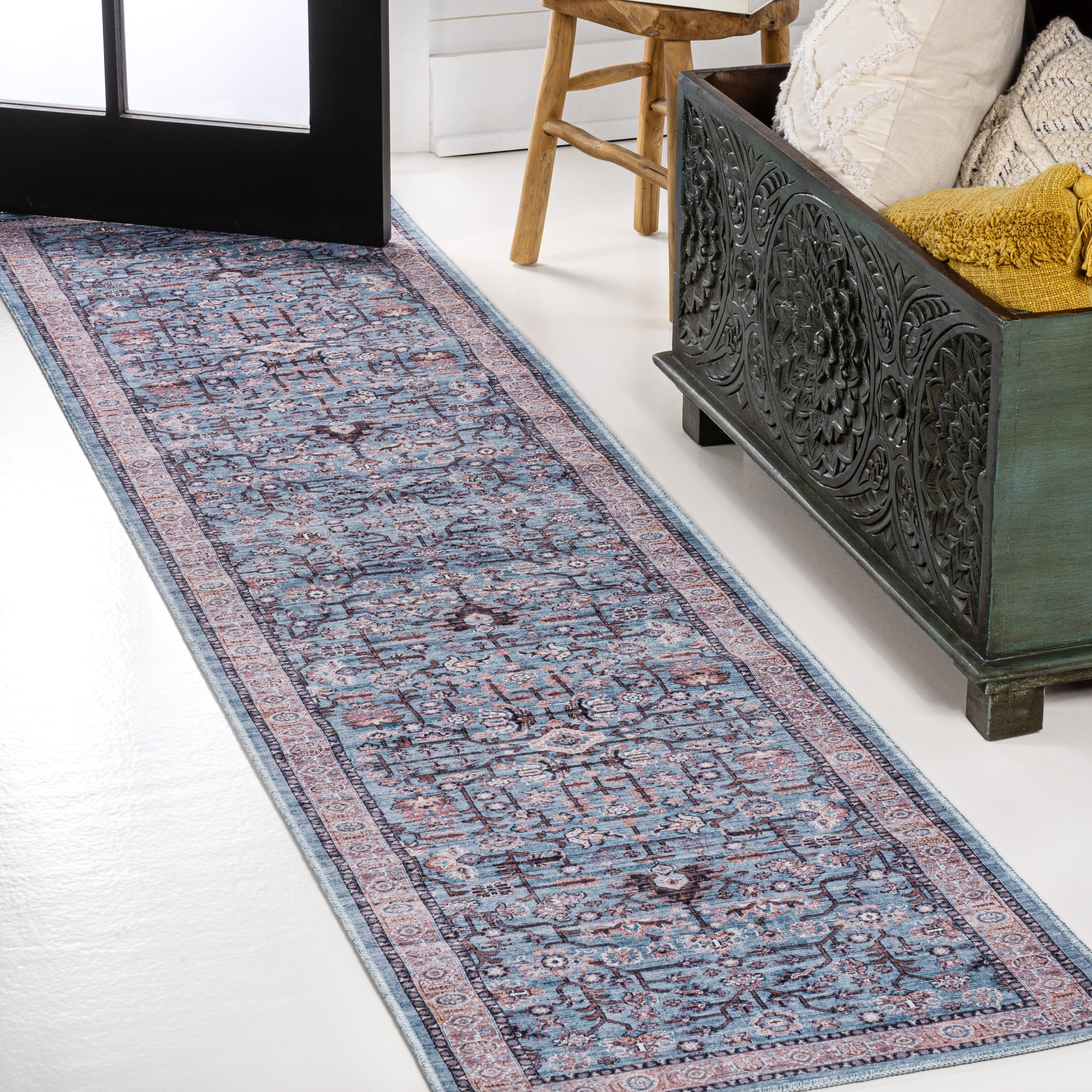 JONATHAN Y WASHABLE 2 x 8 Runner Rug, Kemer All-Over Persian - Blue/Red ...