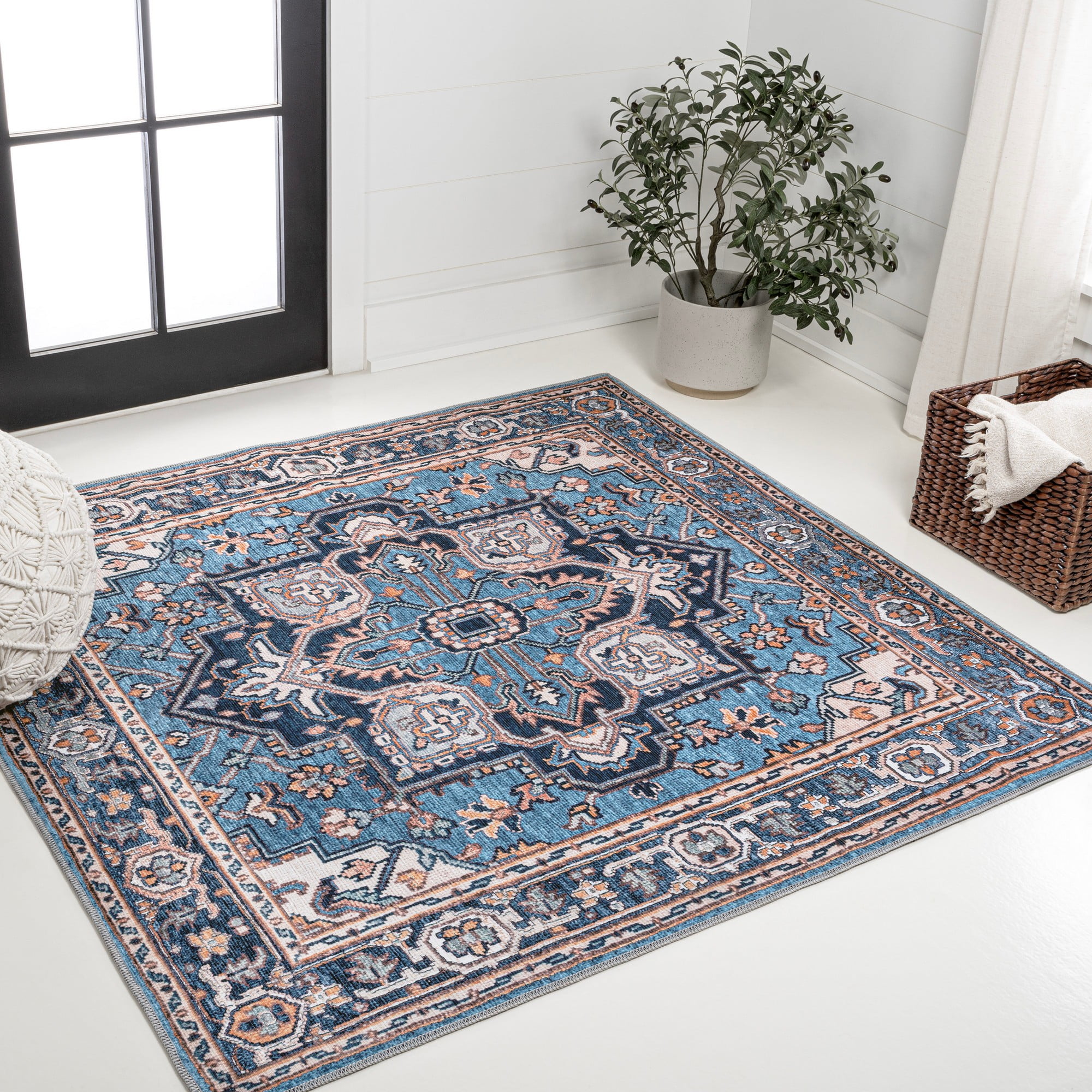 JONATHAN Y WASHABLE Cirali Ornate Large Medallion Machine-Washable Blue/Beige 6' Square Area Rug ...