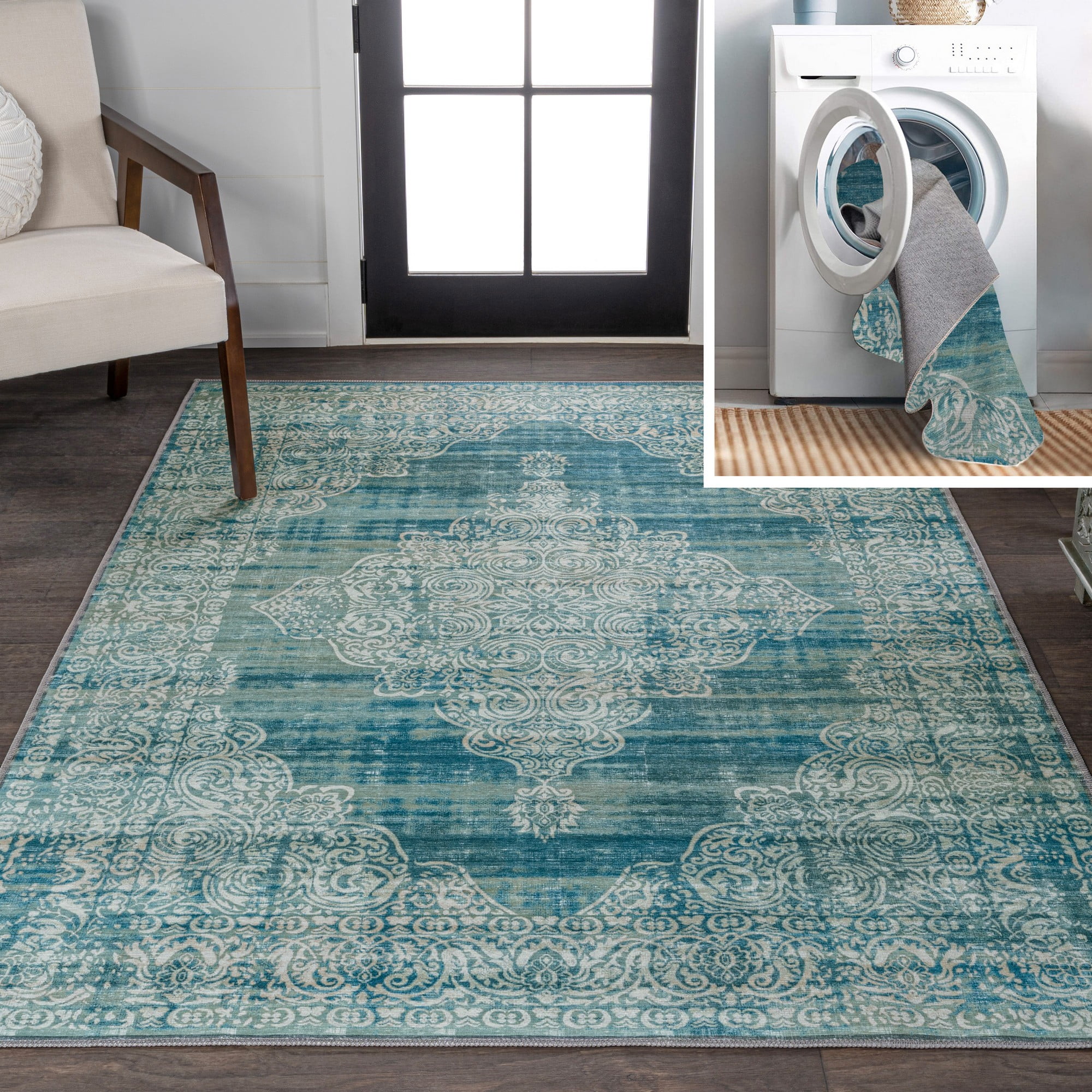 JONATHAN Y WSH107B-4 Regis Bohemian Medallion Machine-Washable Teal ...
