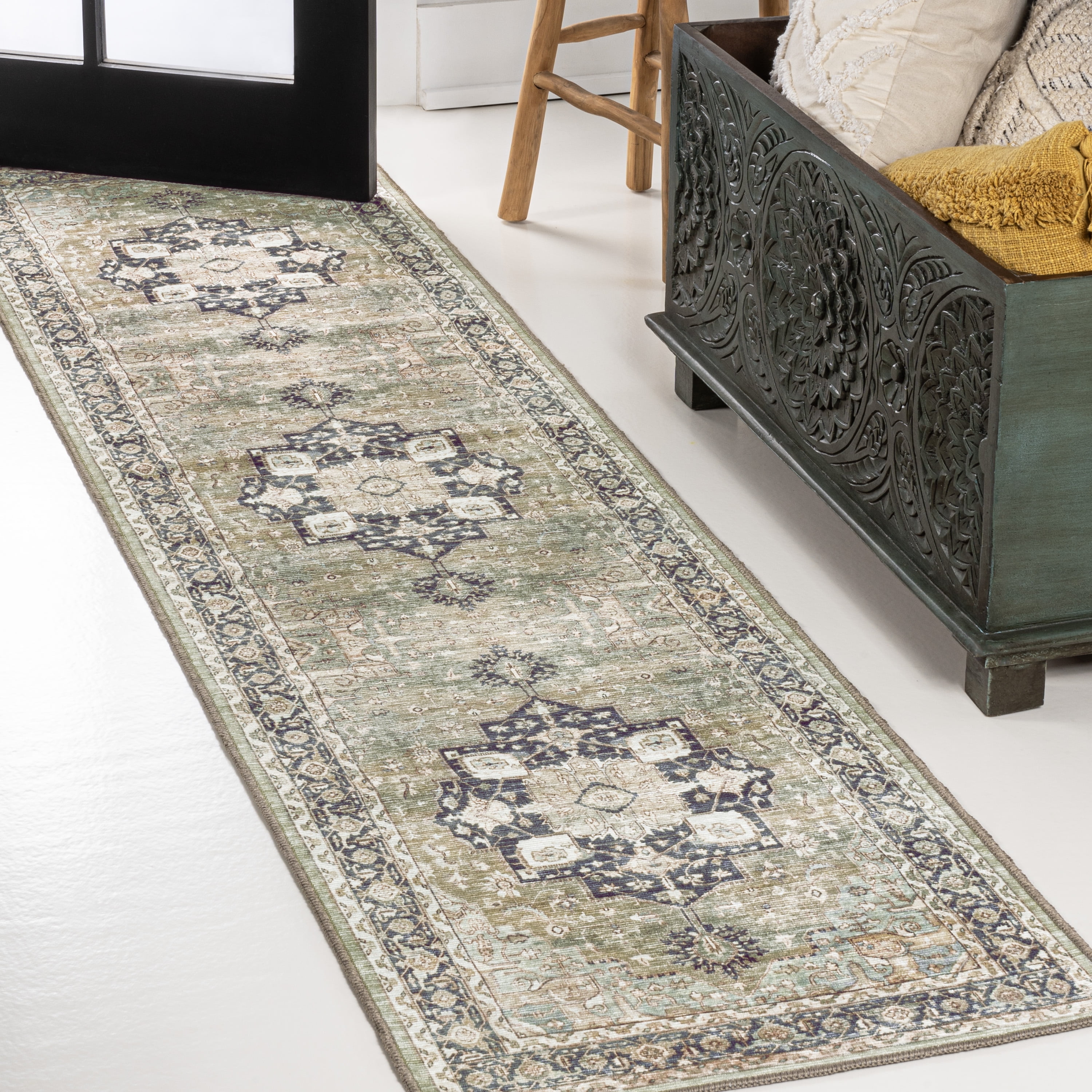 JONATHAN Y WASHABLE 2 x 8 Runner Rug, Maris Ornate Medallion - Green ...