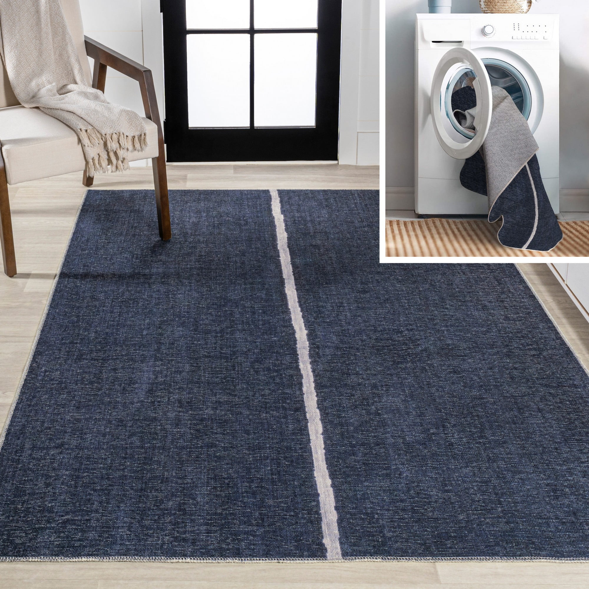 JONATHAN Y WSH117A-5 Linja Solid Centre Stripe Machine-Washable Navy ...