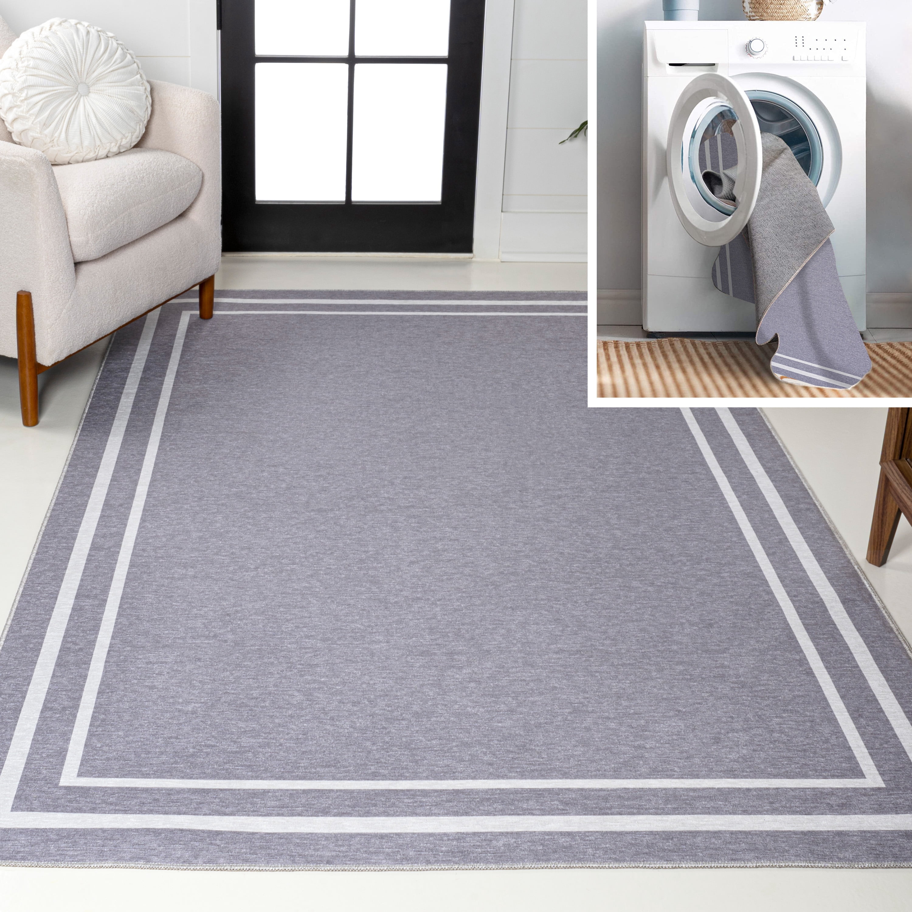 JONATHAN Y WASHABLE 4 x 6 Area Rug, Sloane 2-Stripe Border Washable ...