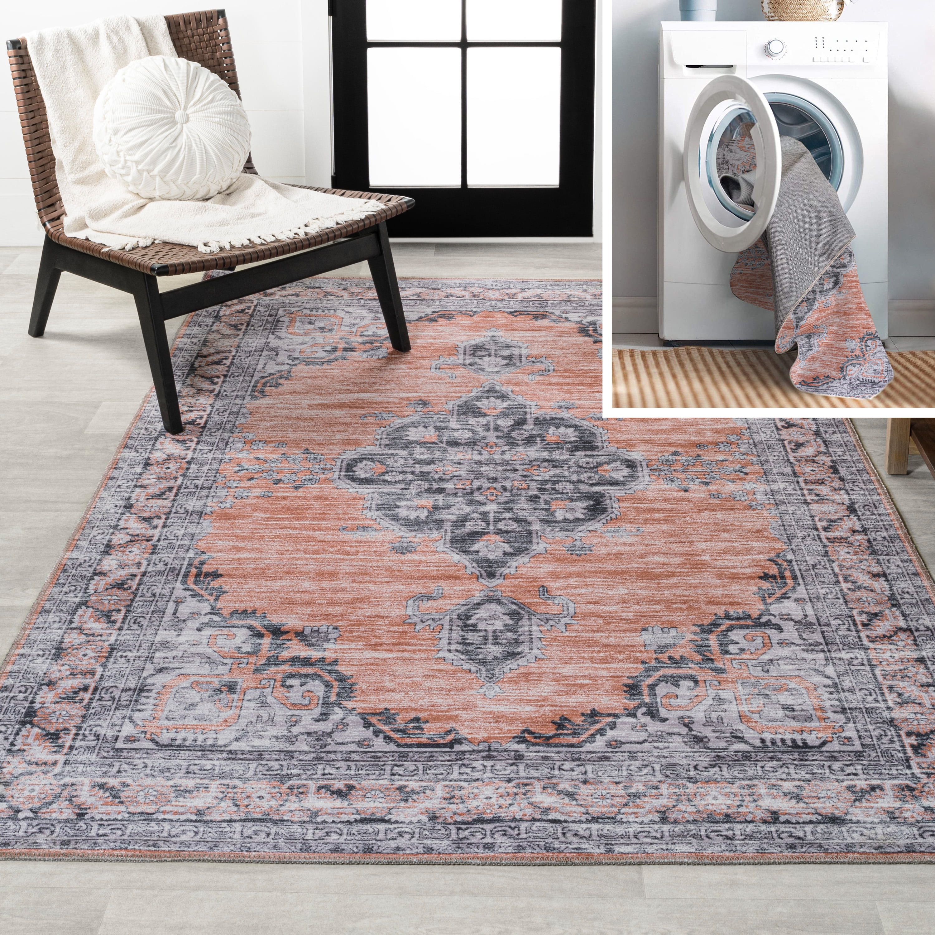 JONATHAN Y WASHABLE 5 x 8 Area Rug, Wincer Chenille Cottage Medallion ...