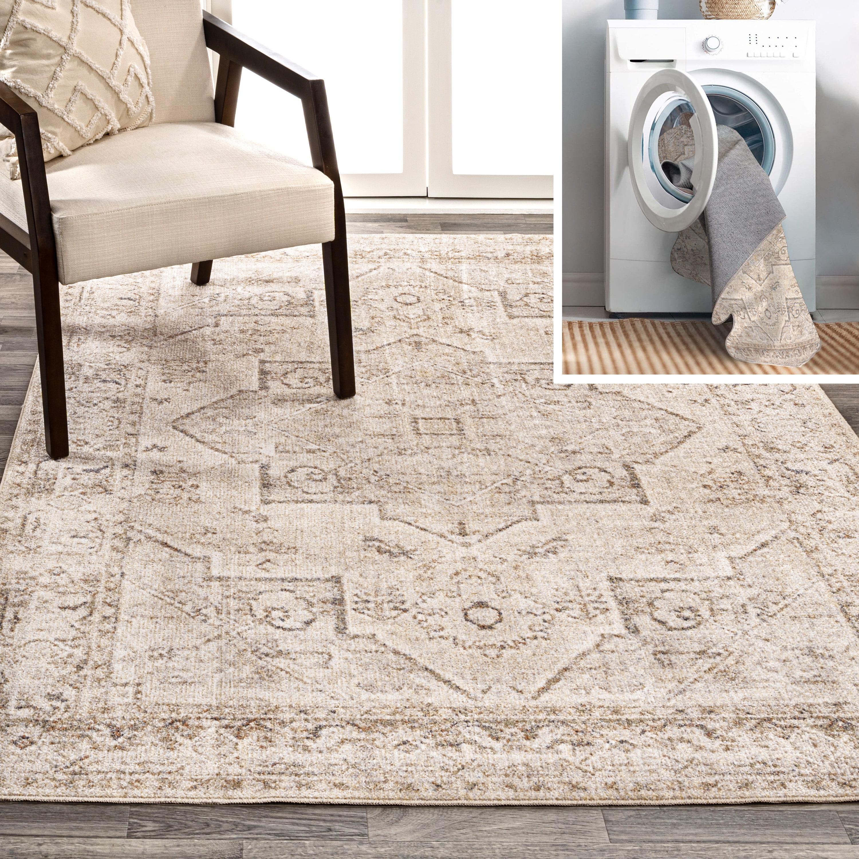 JONATHAN Y WASHABLE Koda Vintage Medallion Area Rug, 8 x 10, Cream ...