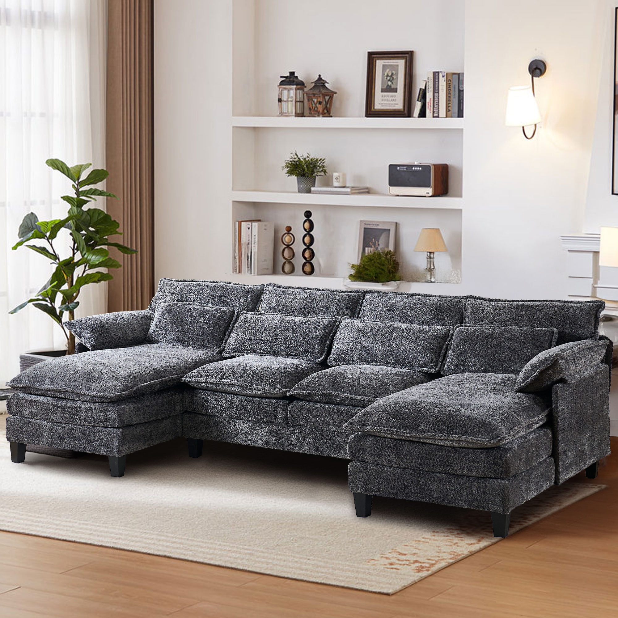 JONPONY 109.45"U Shaped Couch, 4 Seat Sectional with 4 Throw Pillows ...