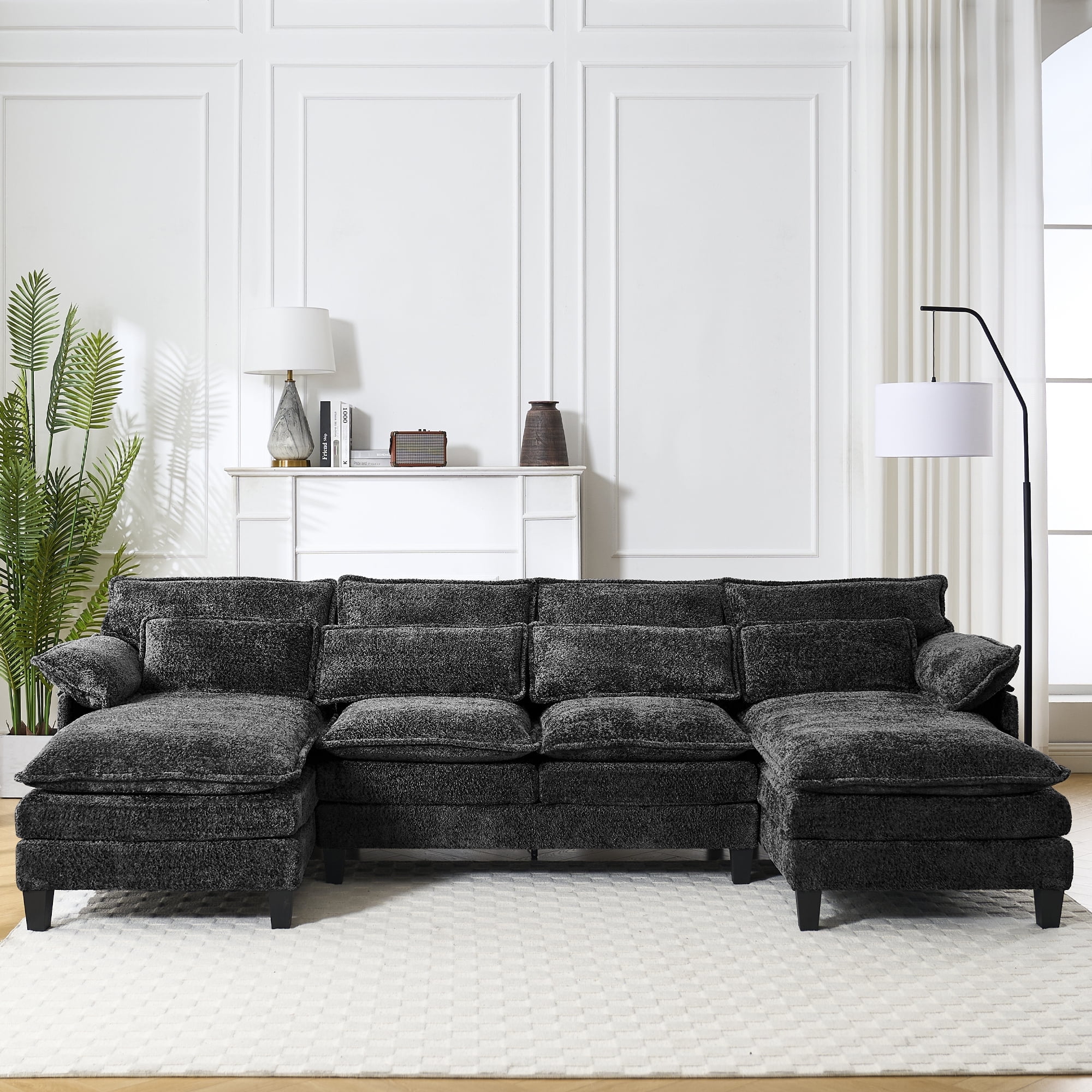 JONPONY 109.45 U Shaped Couch 4 Seat Sectional with 4 Throw Pillows Convertible Upholstery Symmetrical Sofa High Dense Memory Foam with Double