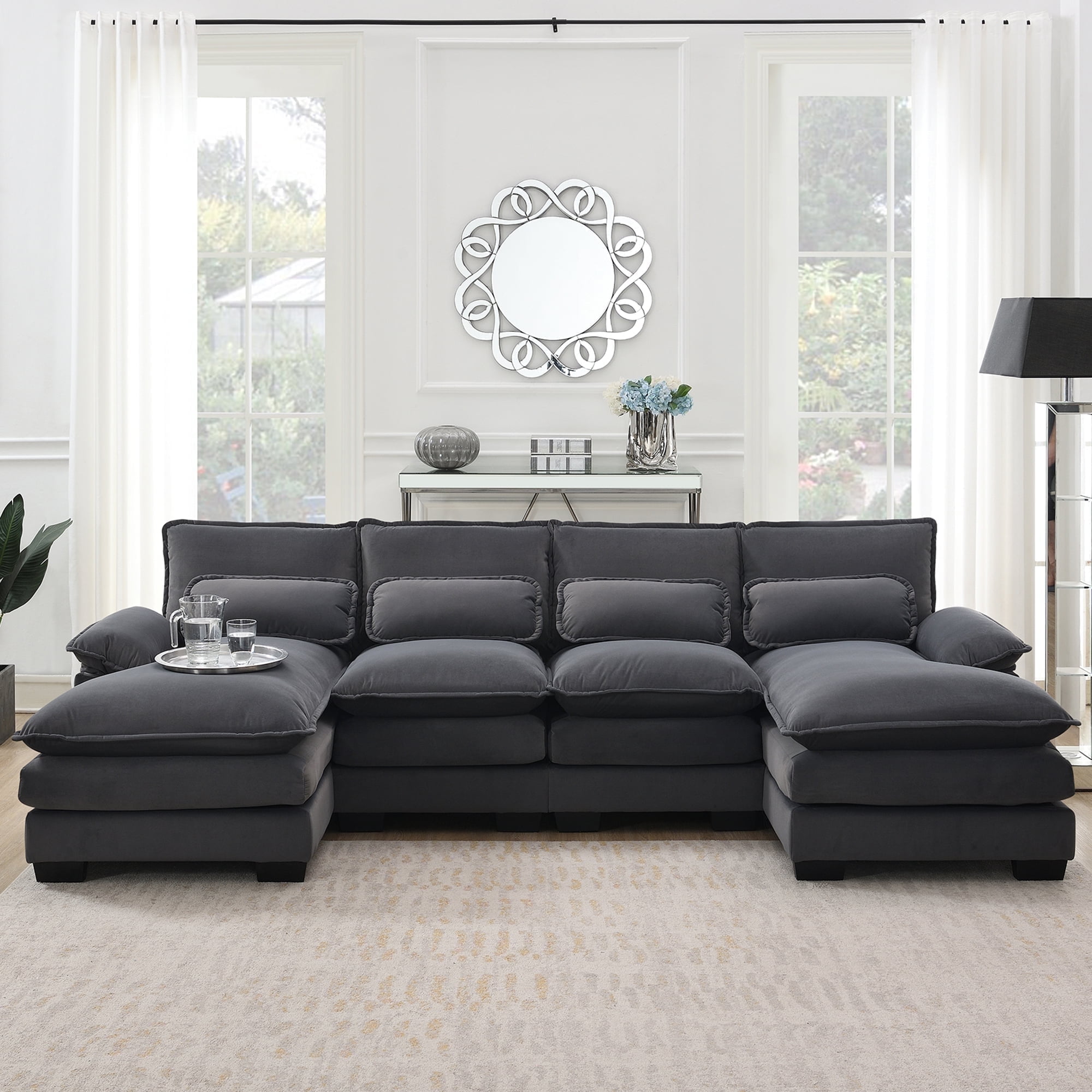 JONPONY 109.8" U Shaped Couch, 4 Seat Sectional with 4 Throw Pillows, Convertible Upholstery ...