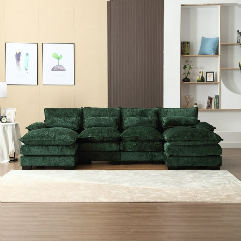 JONPONY 110.63 U Shaped Couch 4 Seat Sectional with 4 Throw Pillows Convertible Upholstery Symmetrical Sofa High Dense Memory Foam with Double Chaise Lounge Memory Foam for Living Room Green Shop Blac...