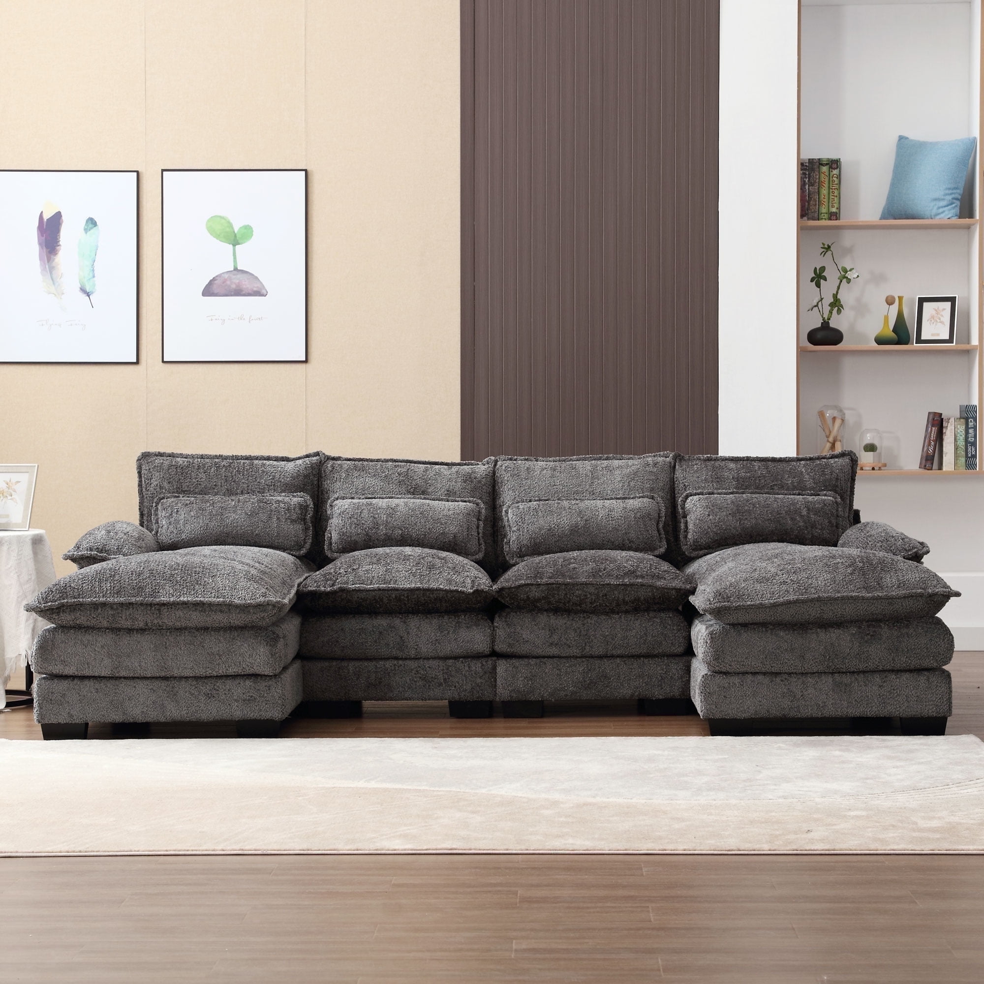 JONPONY 110.63" U Shaped Couch, 4 Seat Sectional with 4 Throw Pillows, Convertible Upholstery ...