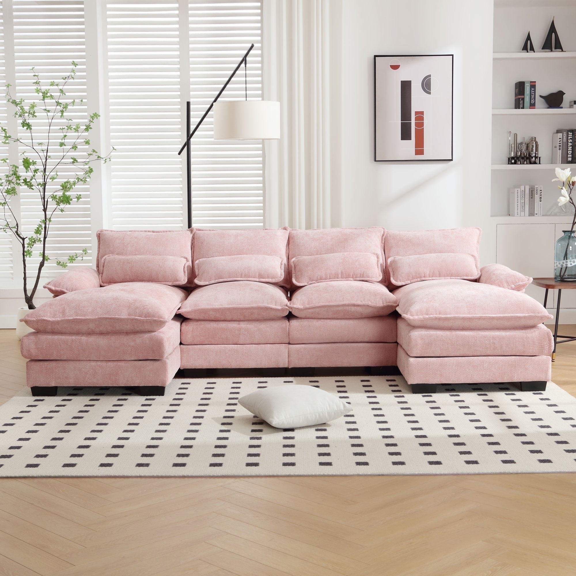 JONPONY 110.63" U Shaped Couch, 4 Seat Sectional with 4 Throw Pillows, Convertible Upholstery ...