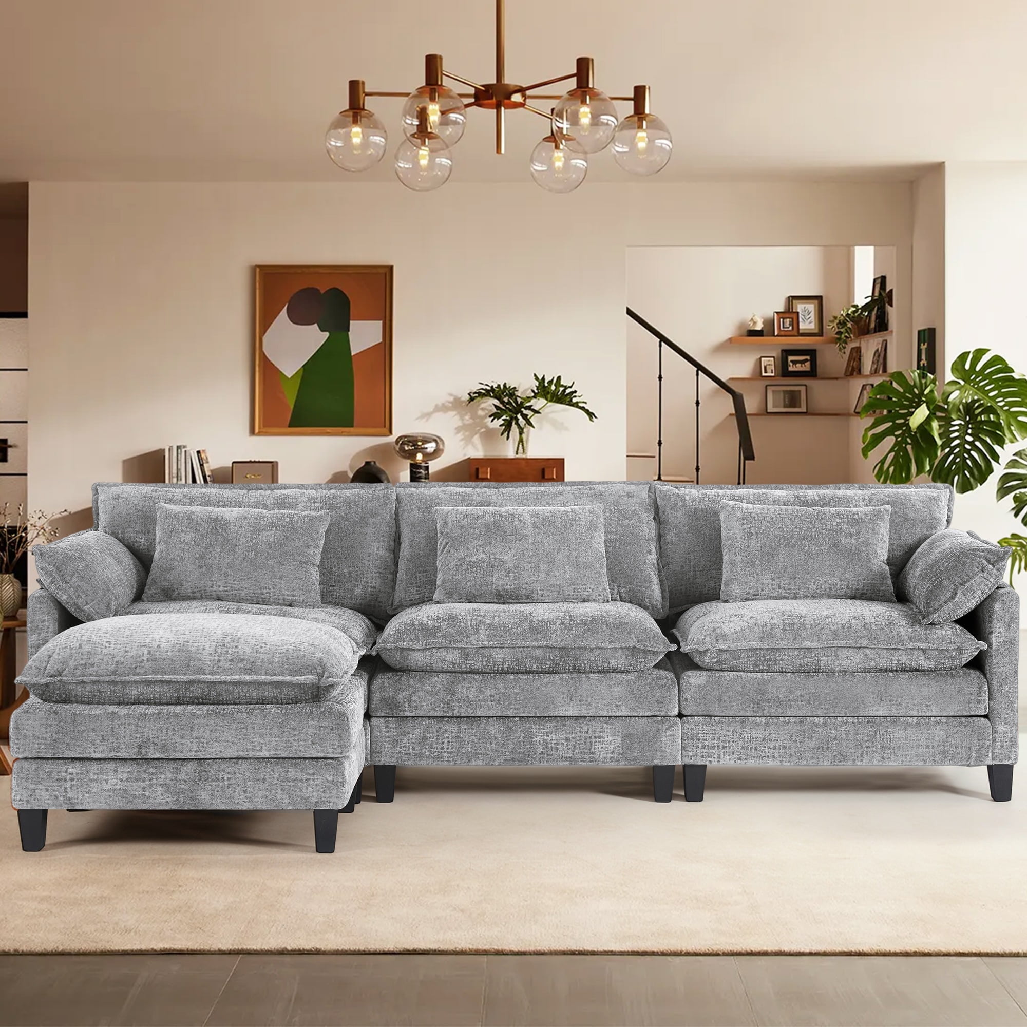 JONPONY 111" Cloud Couch,L Shaped Modular Sectional Sofa with Movable Ottoman,3 Oversized Seats ...