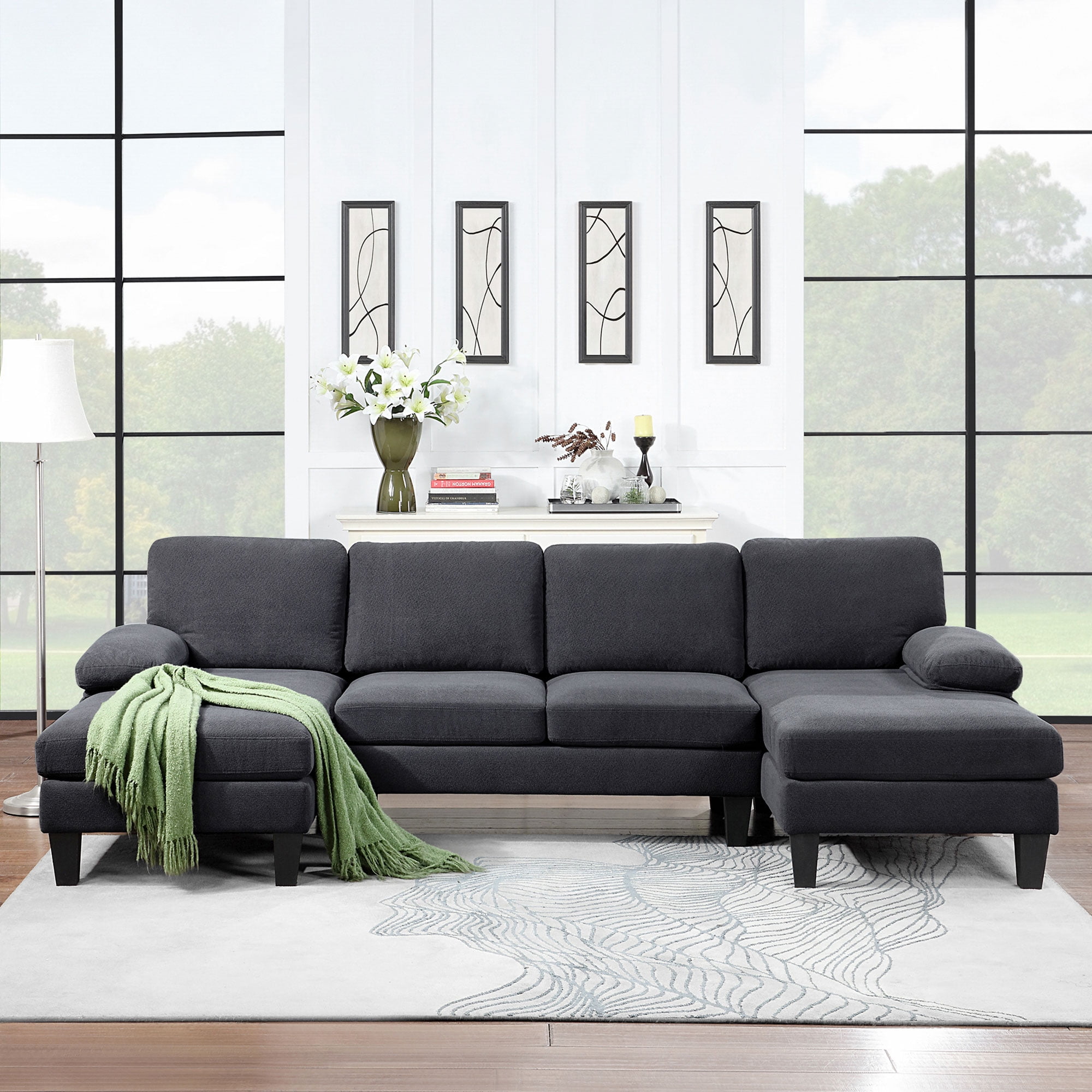 JONPONY 112*56" Granular Velvet Sofa,U-Shaped Couch with Oversized Seat ...