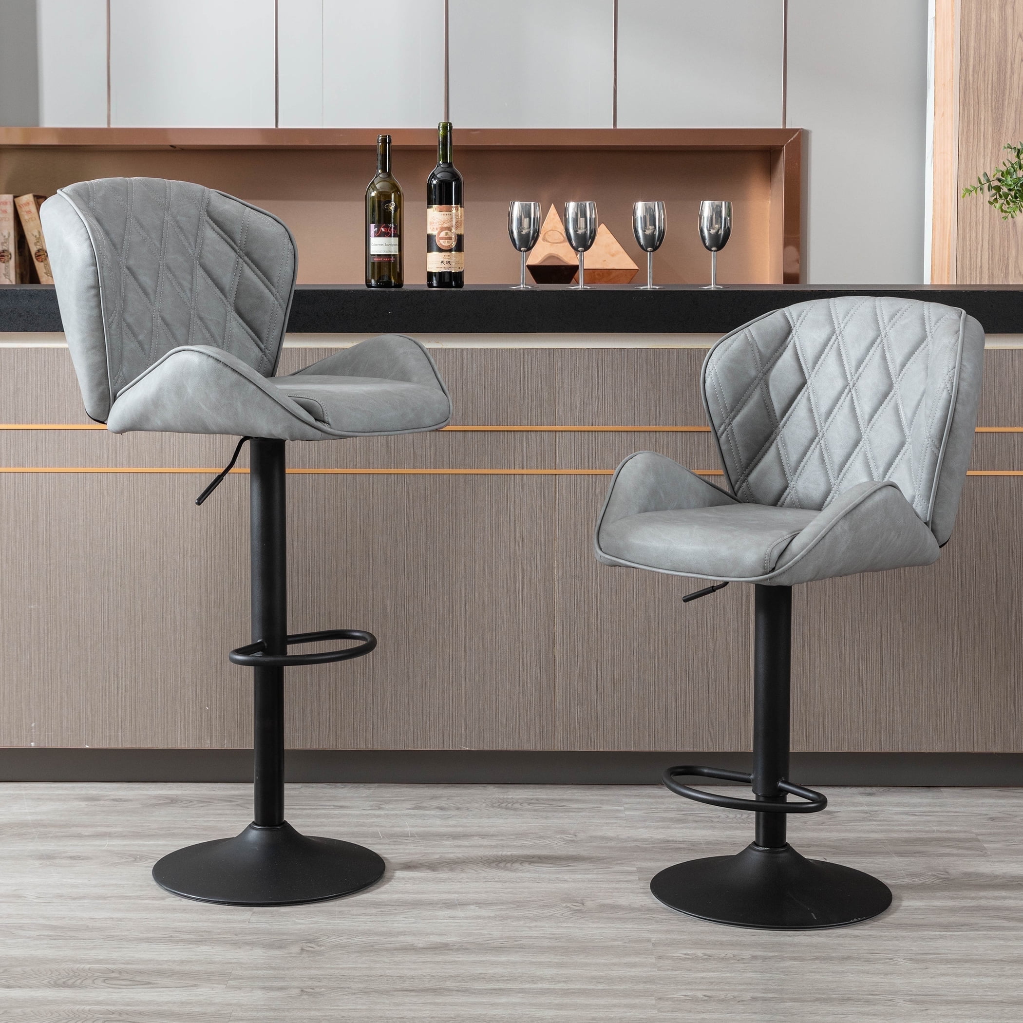 JONPONY PU Leather Bar Stools Set of 2, Adjustable Low Back & Armrest ...