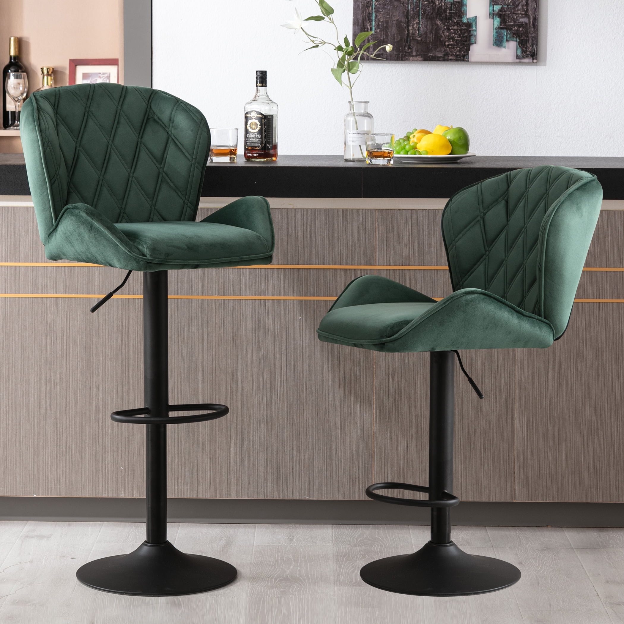 JONPONY Velvet Bar Stools Set of 2 with Armrests, Low-Back, Swivel ...