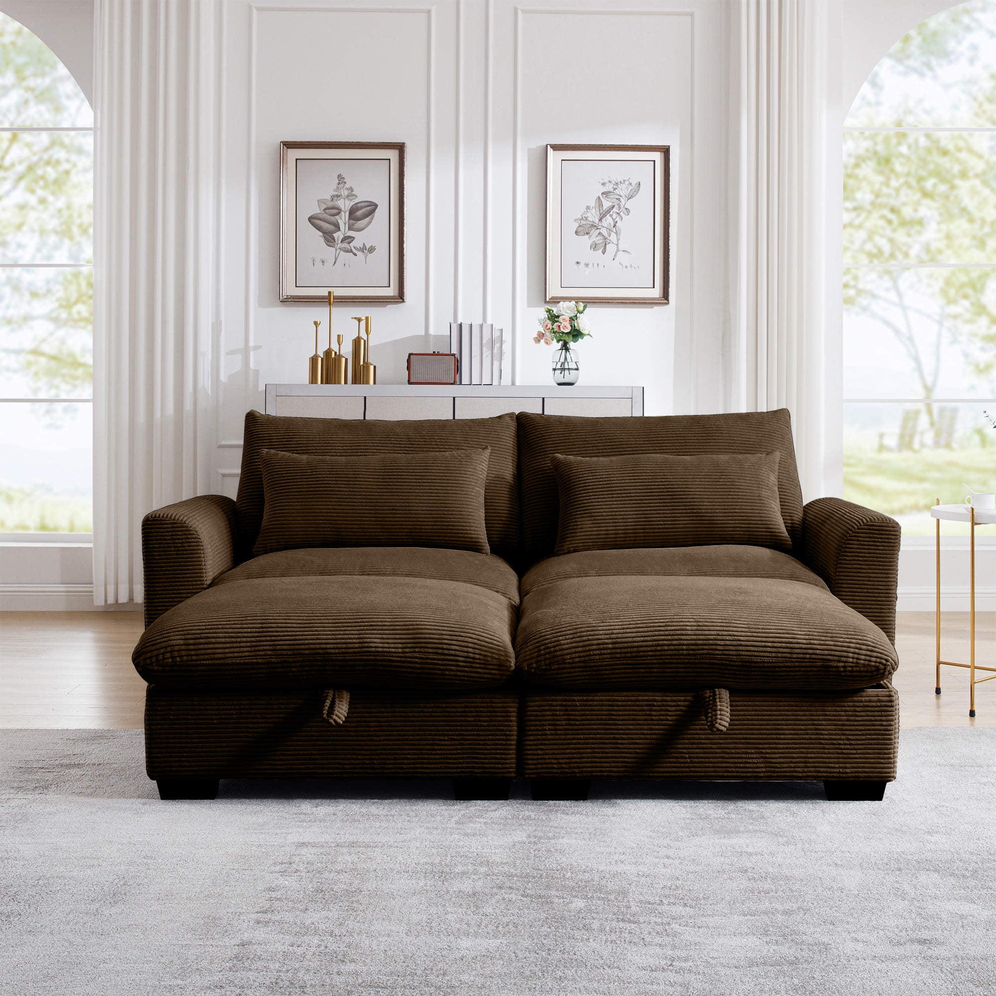 JONPONY Corduroy Two-Seater Sofa with 2 Storage Footrest, 2 Seater ...
