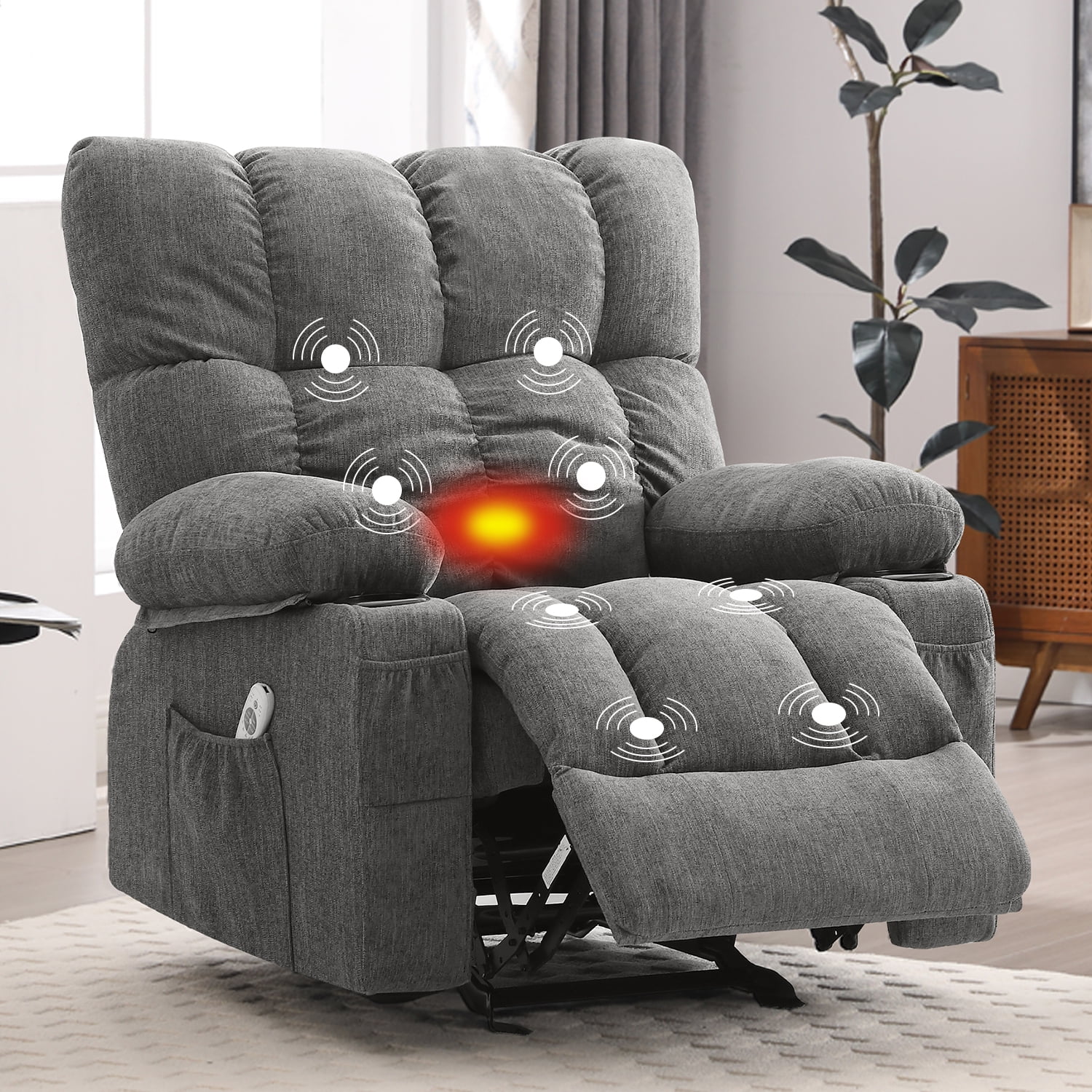 JONPONY Manual Recliner with Heat Therapy, Massage, Cup Holders, Grey ...