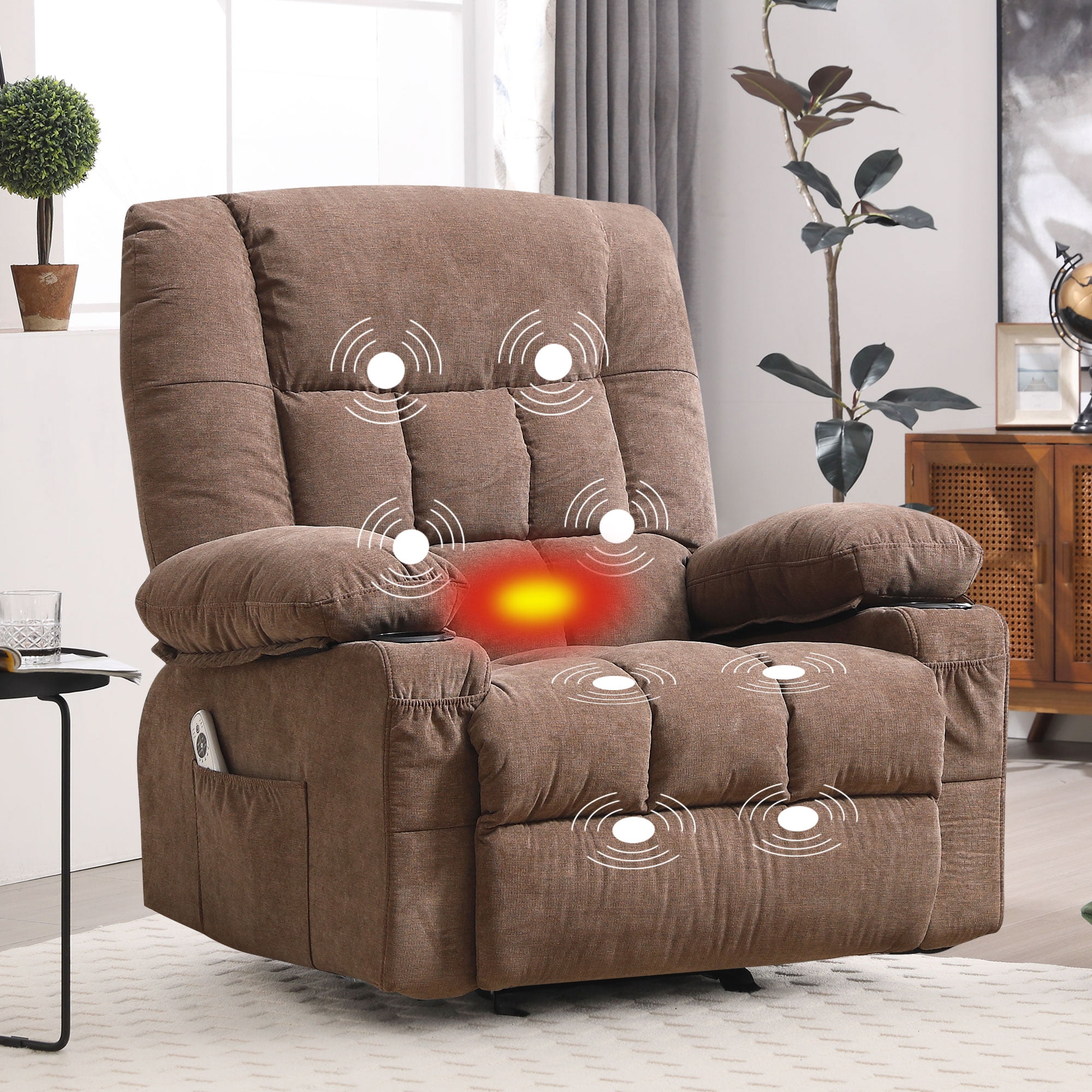 JONPONY Manual Recliner Chair, Heated Massage Rocker with Cup Holders ...