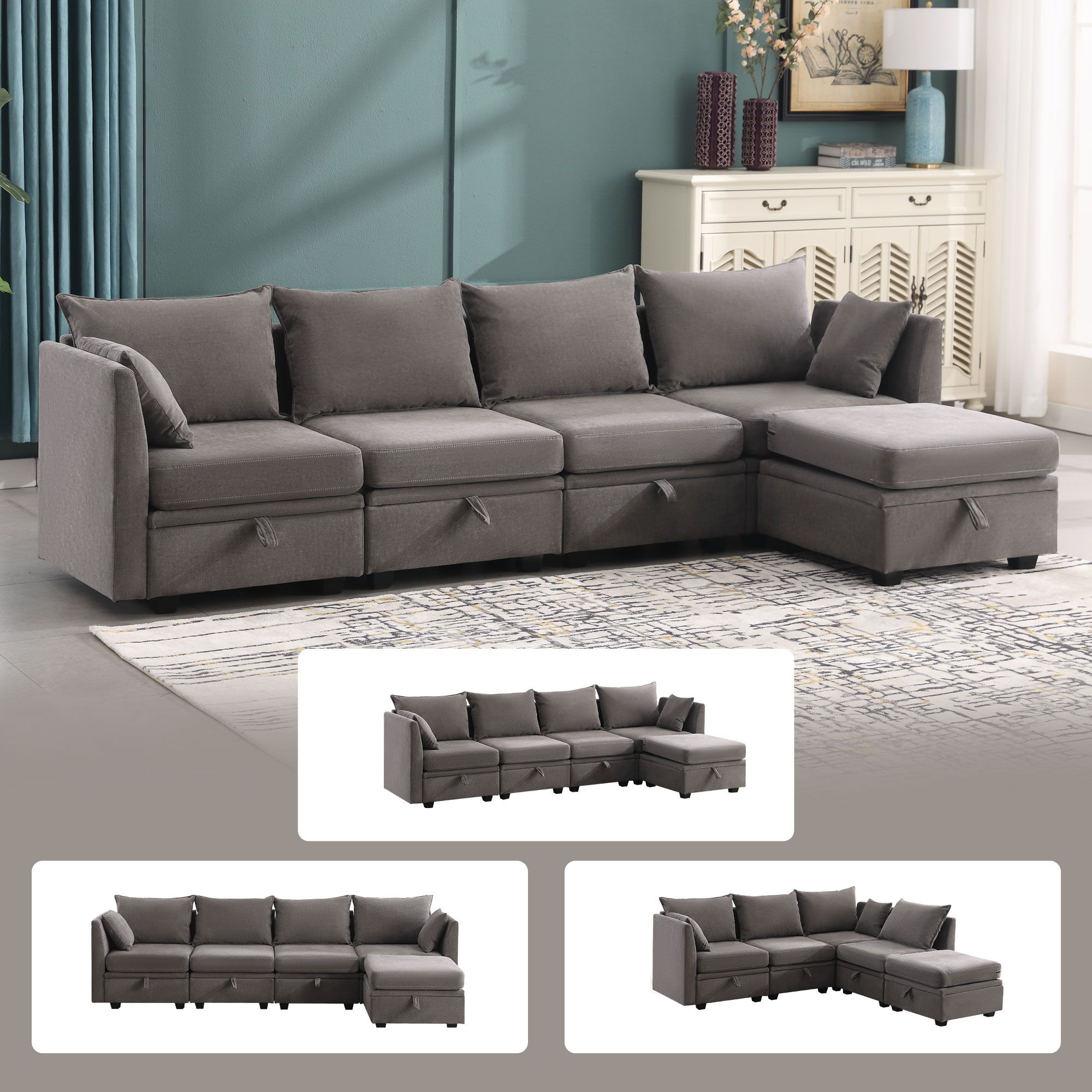 Costway Modular L-Shaped Sofa w/Reversible Chaise Lounge & 2 USB Ports ...
