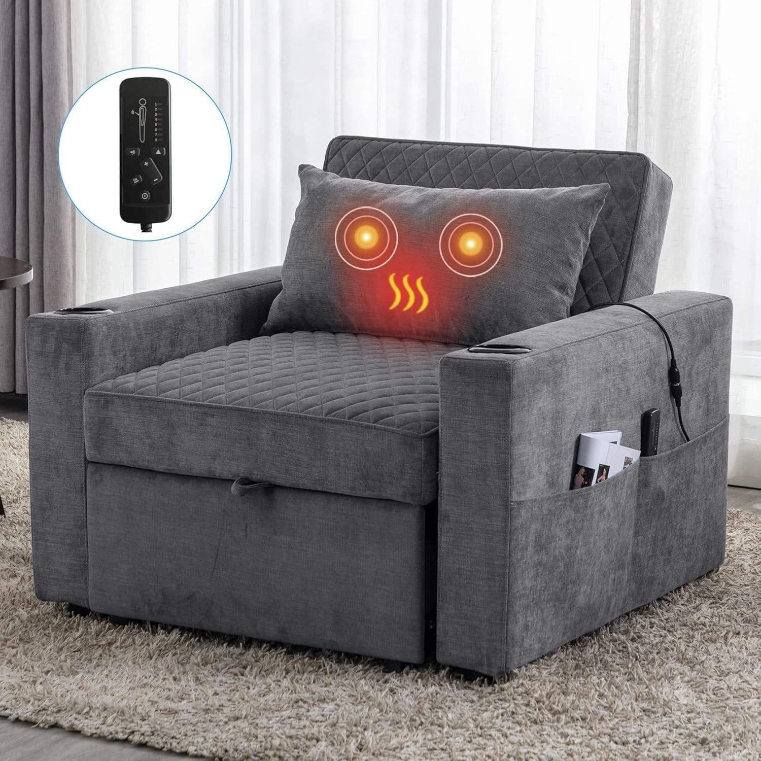 JONPONY Convertible Sleeper Chair Bed with Massage and Heat Pillow, 3 ...