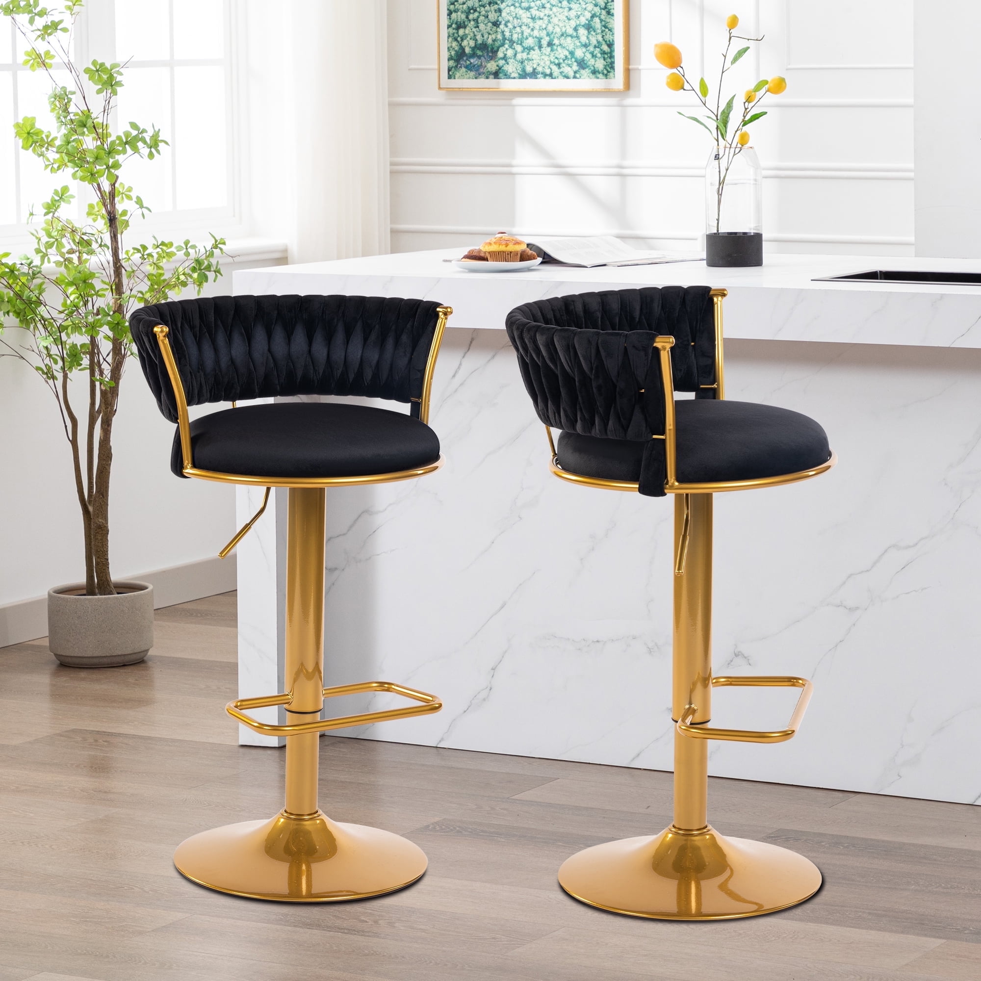 Set of 2, JONPONY Height Adjustable Velvet Bar Stools with Woven Basket ...