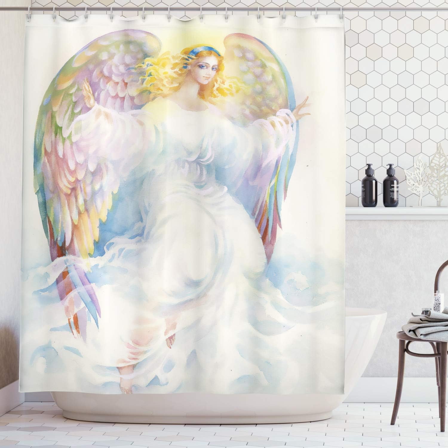 JOOCAR Angel Wings Shower Curtain, Renaissance Angelic Woman Beauty ...