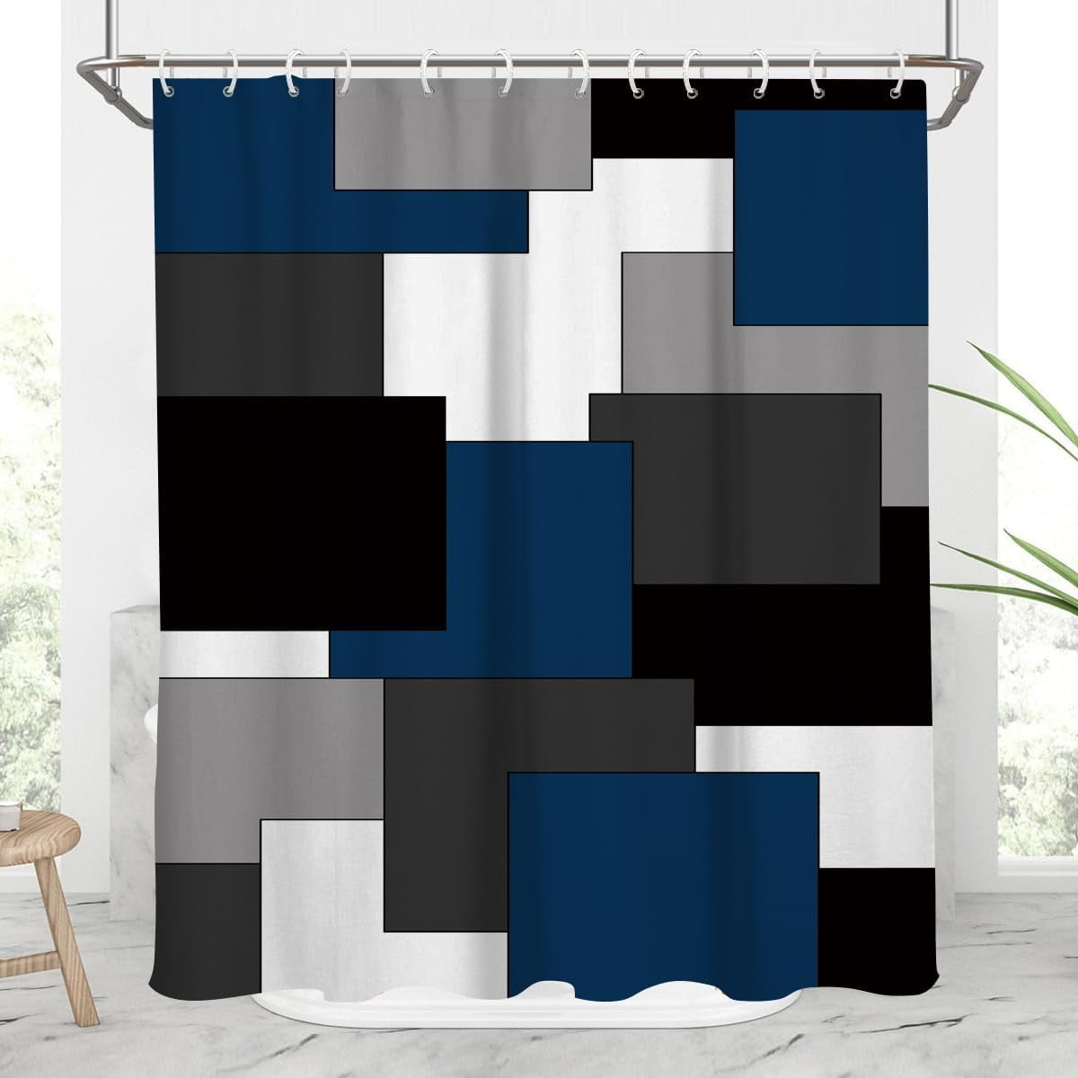 JOOCAR Black and Blue Shower Curtain Navy White Grey Gray Geometric Mid ...