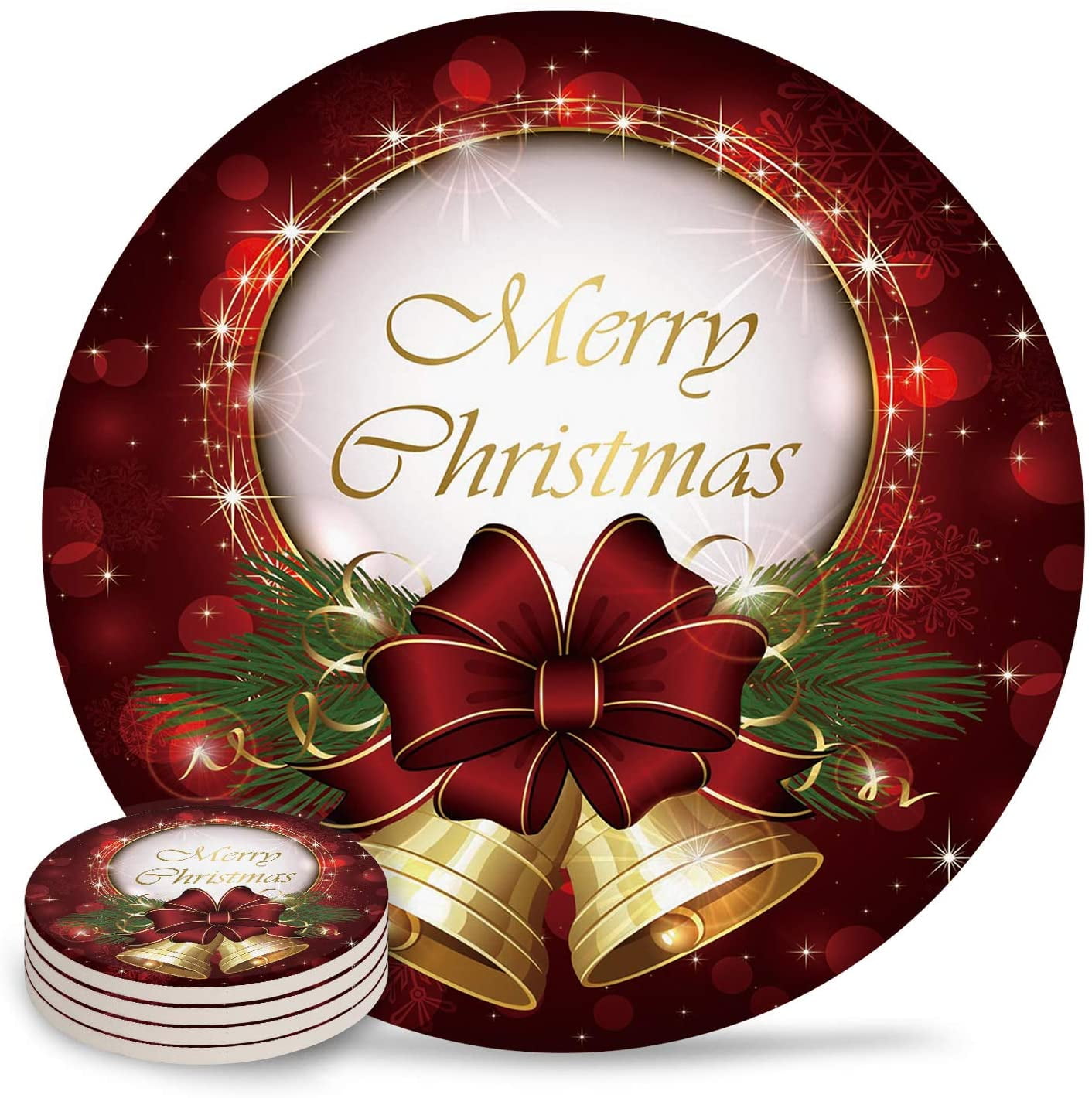 JOOCAR Christmas Coasters, Christmas Bell Bow Merry Christmas for Home ...