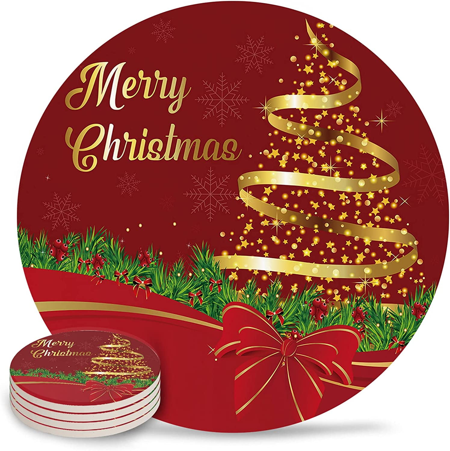 JOOCAR Christmas Coasters, Golden Merry Christmas Tree Bows for Home ...