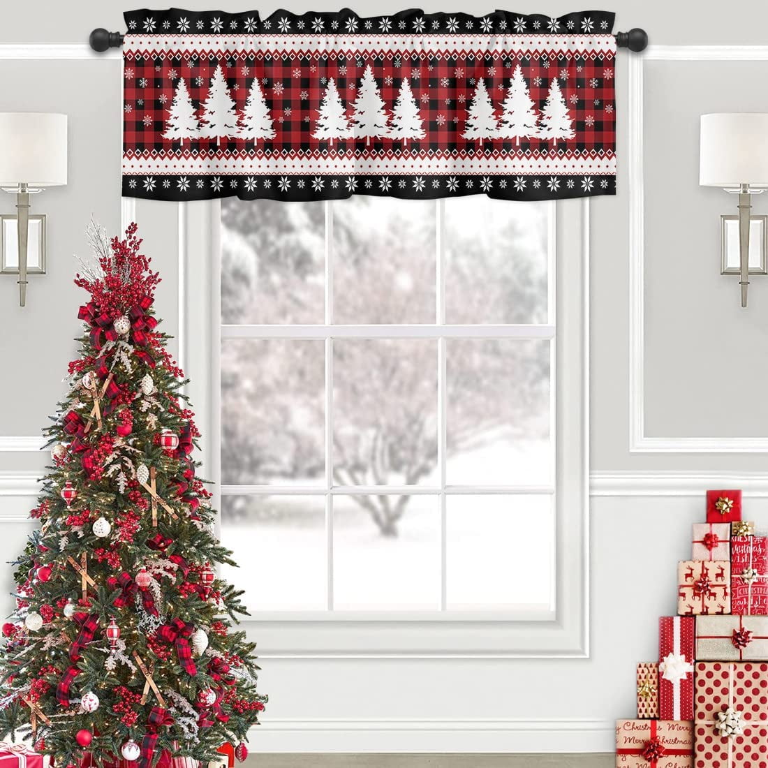 JOOCAR Christmas Drapes Buffalo Plaid Christmas Tree Snowflake ...