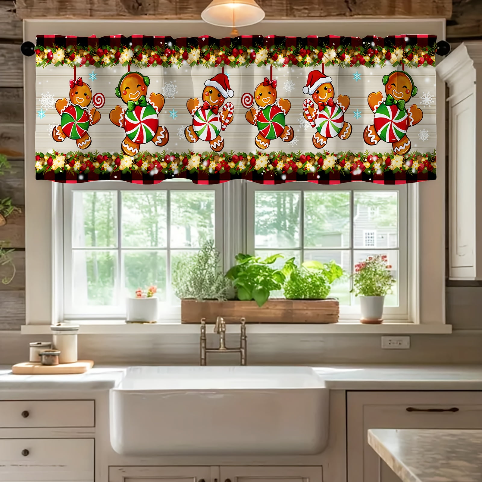 JOOCAR Christmas Gingerbread Man and Candy Cane Window Valance Curtain ...
