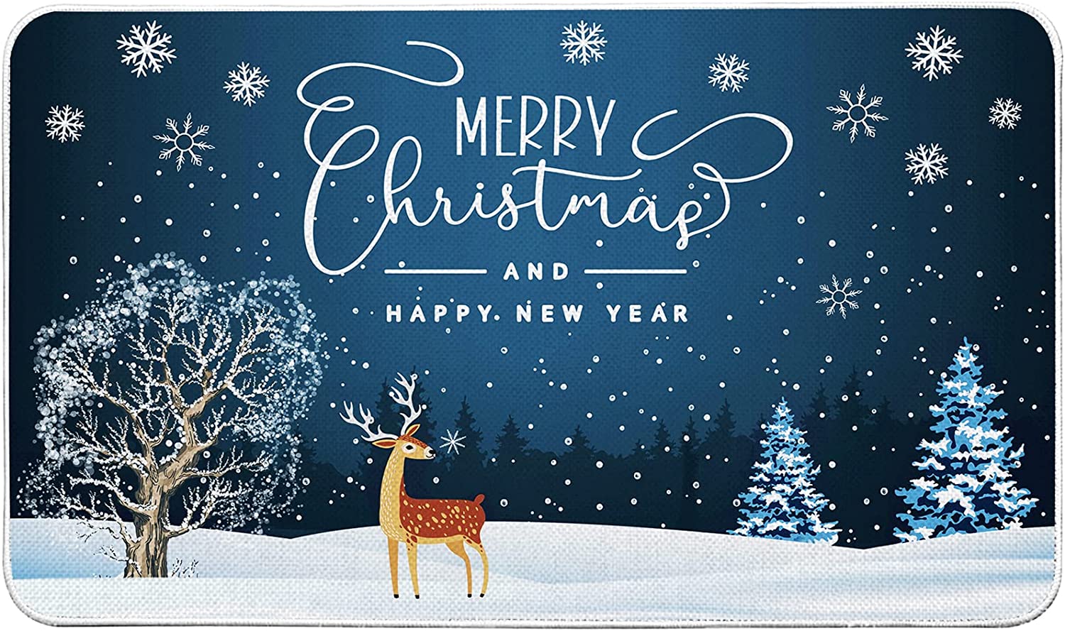 JOOCAR Christmas Mat, Blue Winter Snow Night Fawn Merry Christmas Tree ...