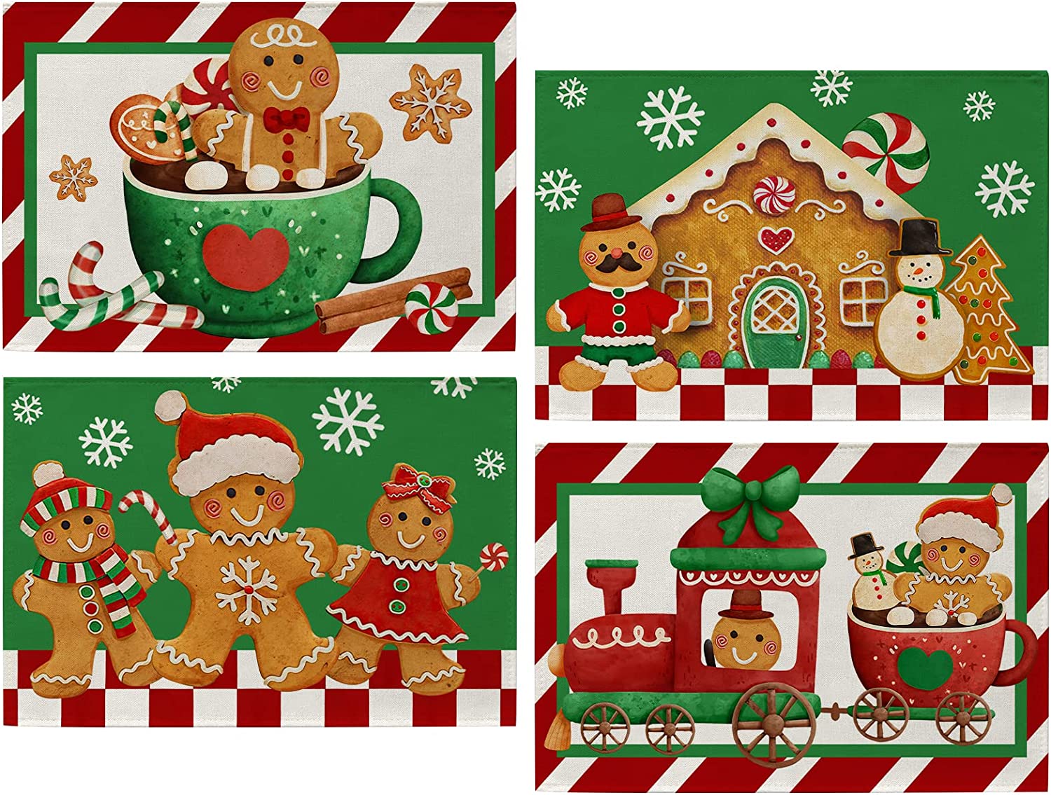JOOCAR Christmas Placemats, 18x12 Inches Red and Green Cute Gingerbread ...
