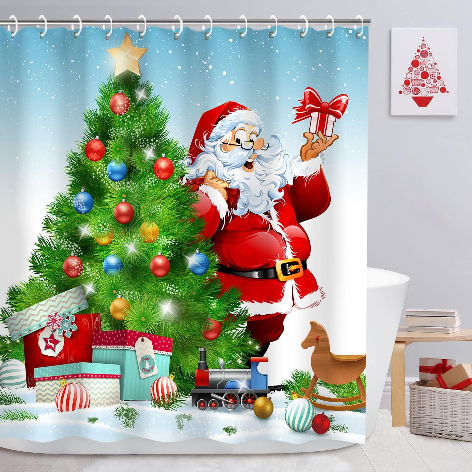JOOCAR Christmas Shower Curtain Santa Shower Curtain with 12 Hooks ...