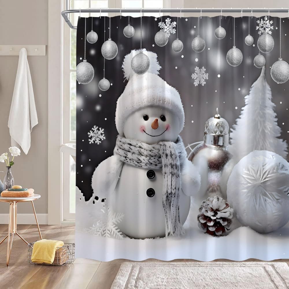 JOOCAR Christmas Snowman Shower Curtain Cute White Snowman Gray Xmas ...
