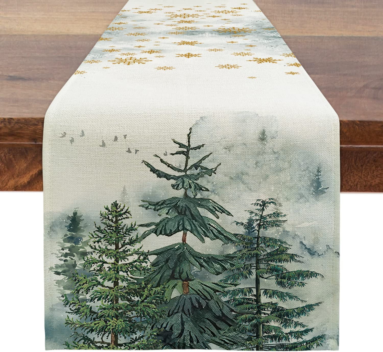 JOOCAR Christmas Table Runner, Green Christmas Tree Gold Snowflake ...
