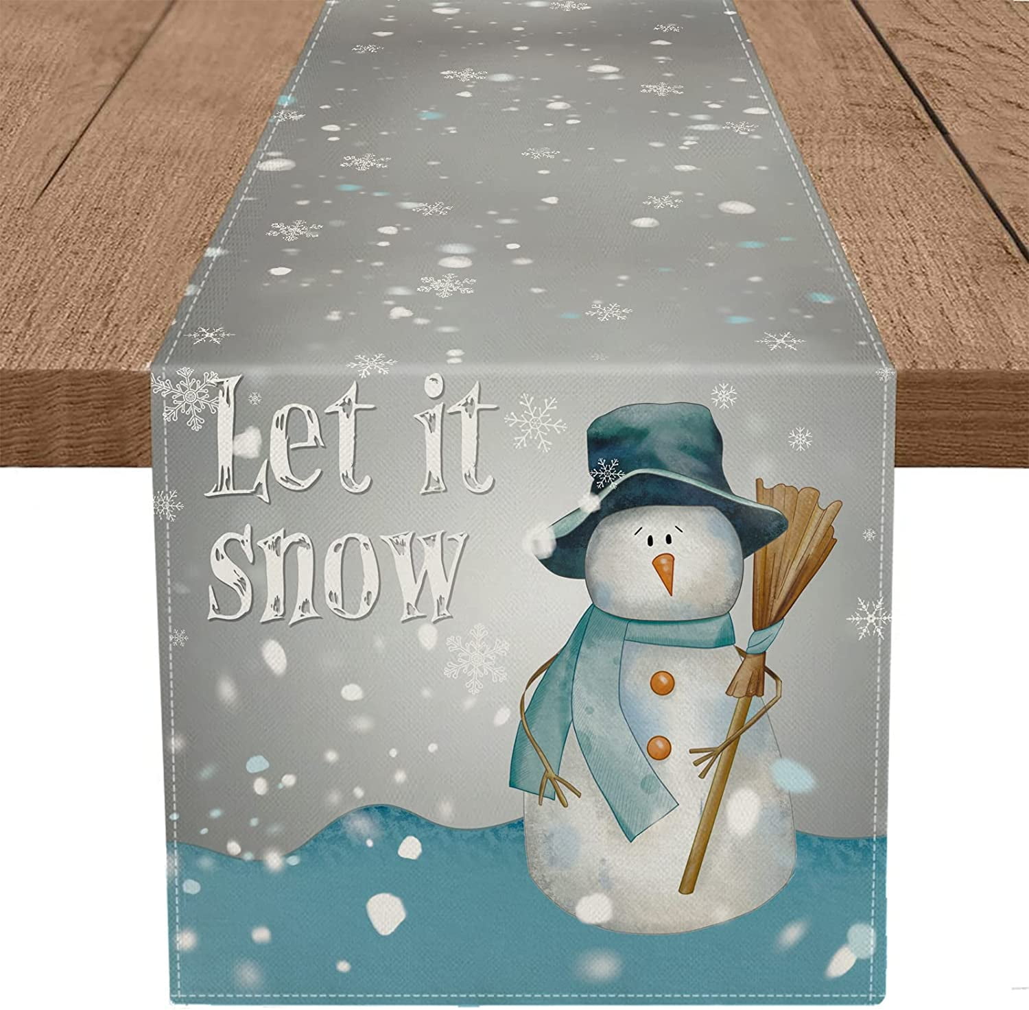 JOOCAR Christmas Table Runner, Grey Christmas Snowman Snowflake Let It ...