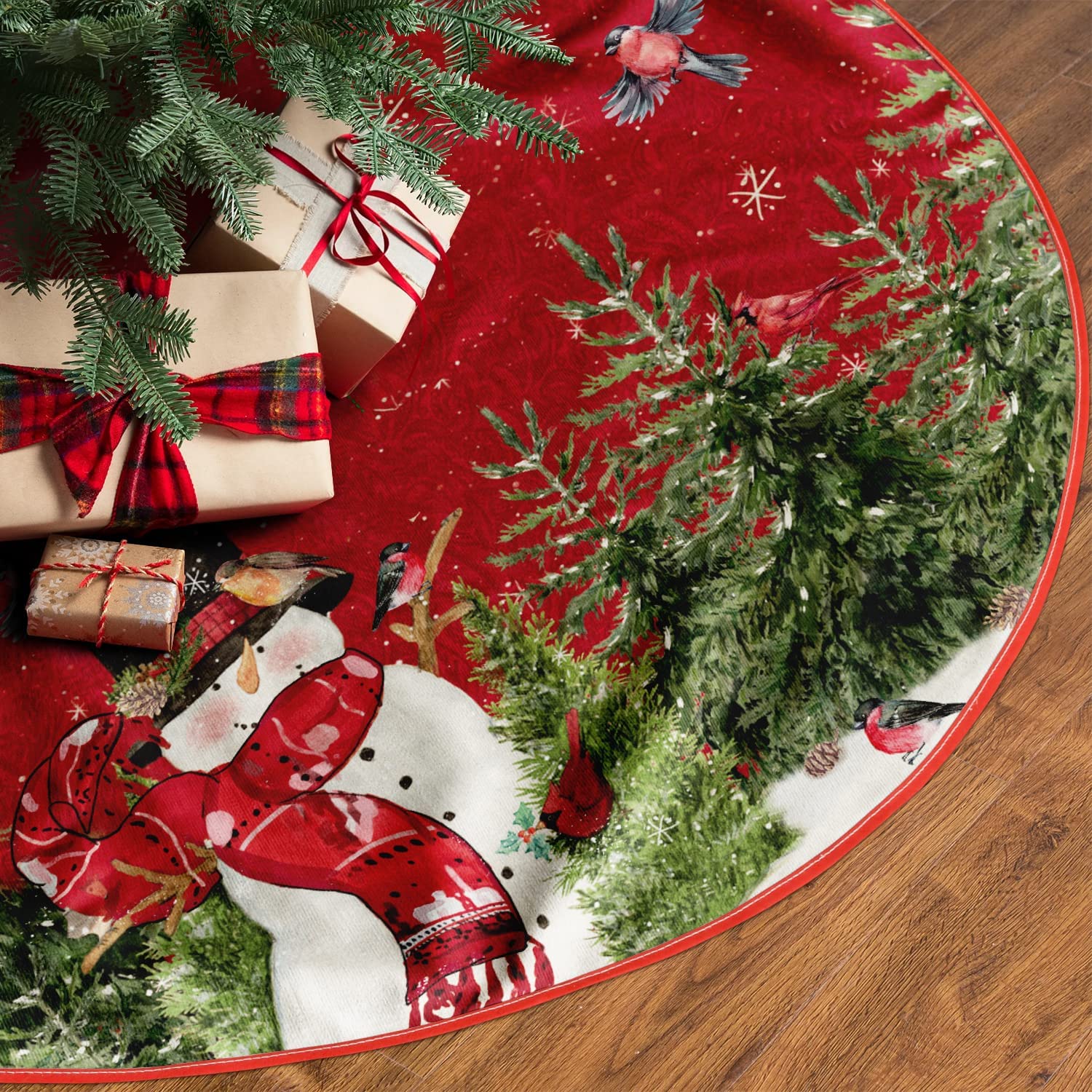 JOOCAR Christmas Tree Skirt, 32 Inch Red Cute Christmas Snowman ...