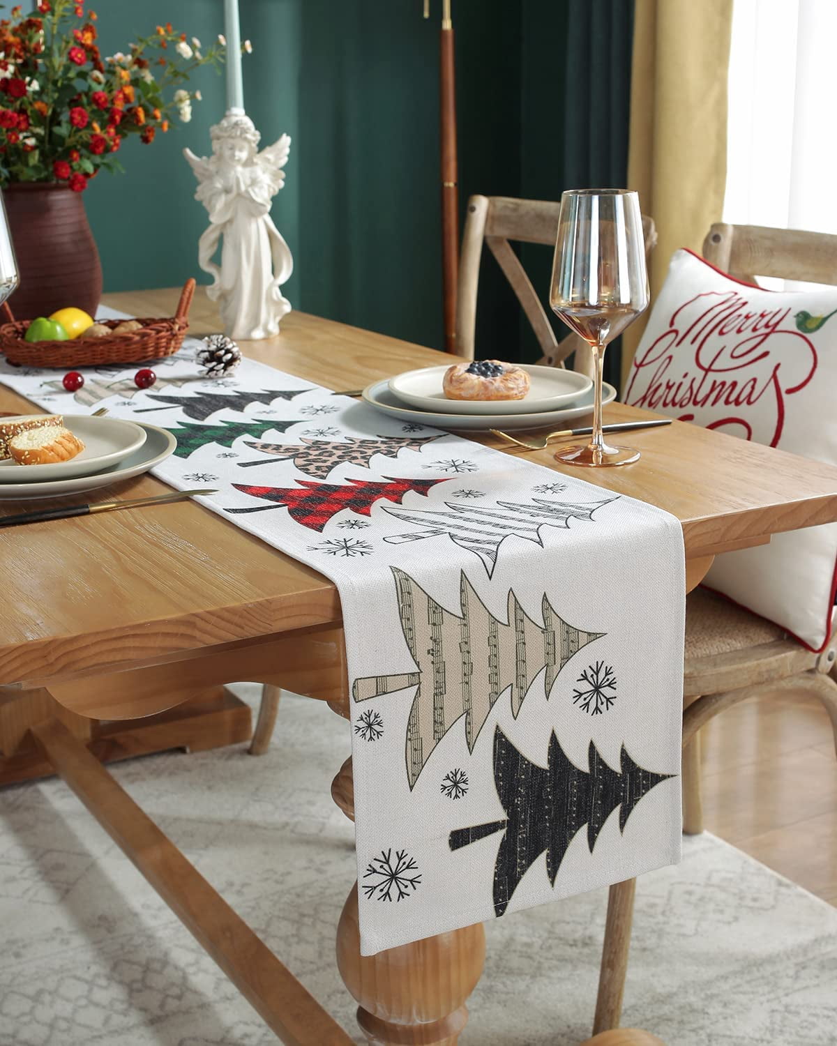 JOOCAR Christmas table runner, Buffalo plaid leopard print Christmas ...