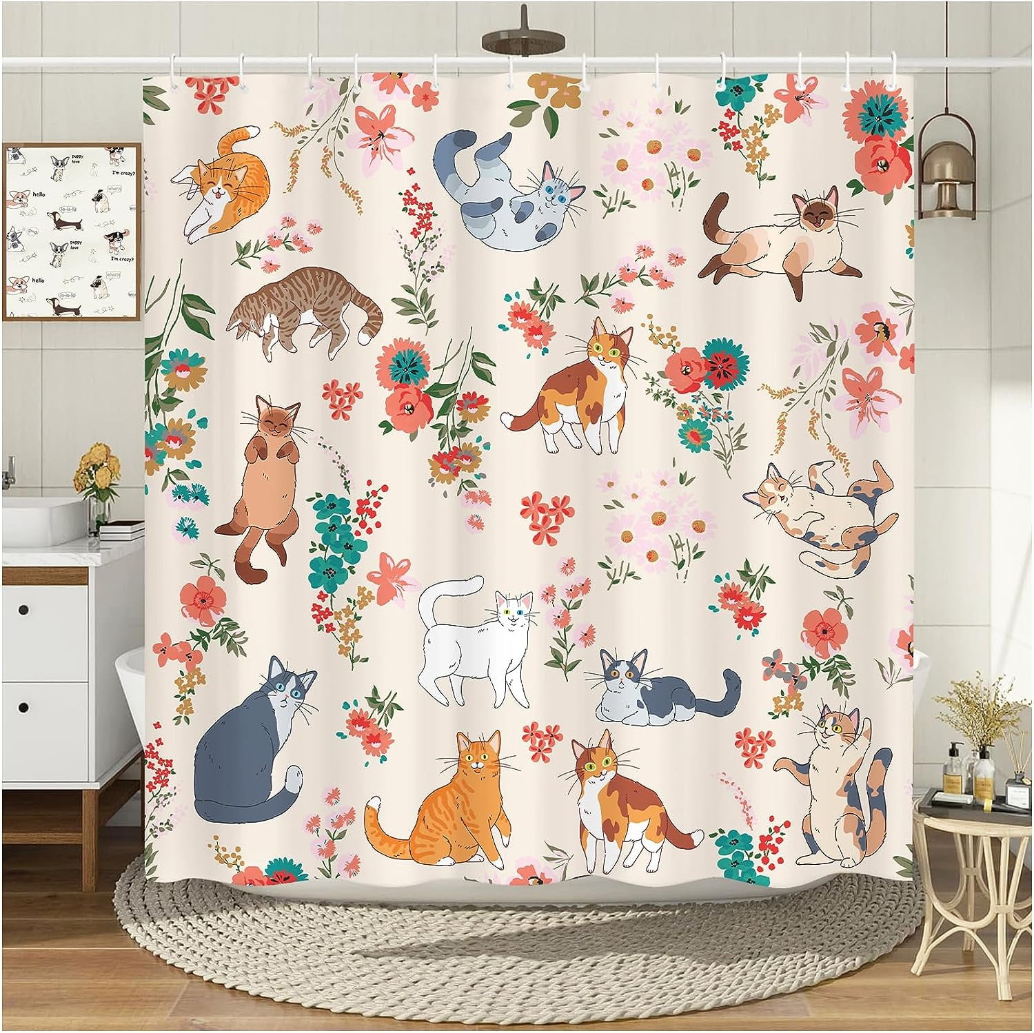 JOOCAR Cute Cat Floral Beige Polyester Shower Curtain with Hooks for ...