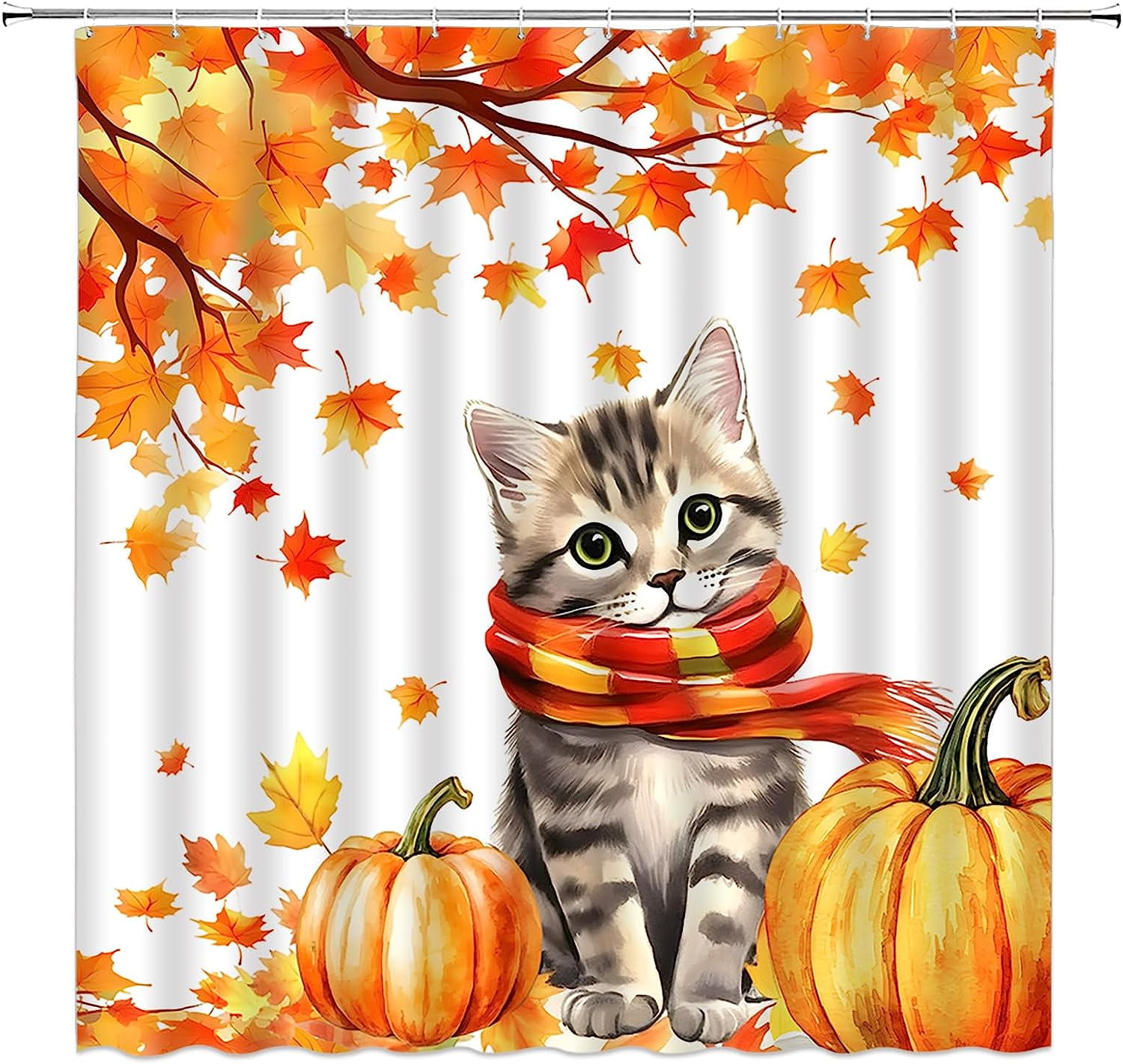 JOOCAR Fall Thanksgiving Shower Curtain, Cat Pumpkin Maple Leaves ...