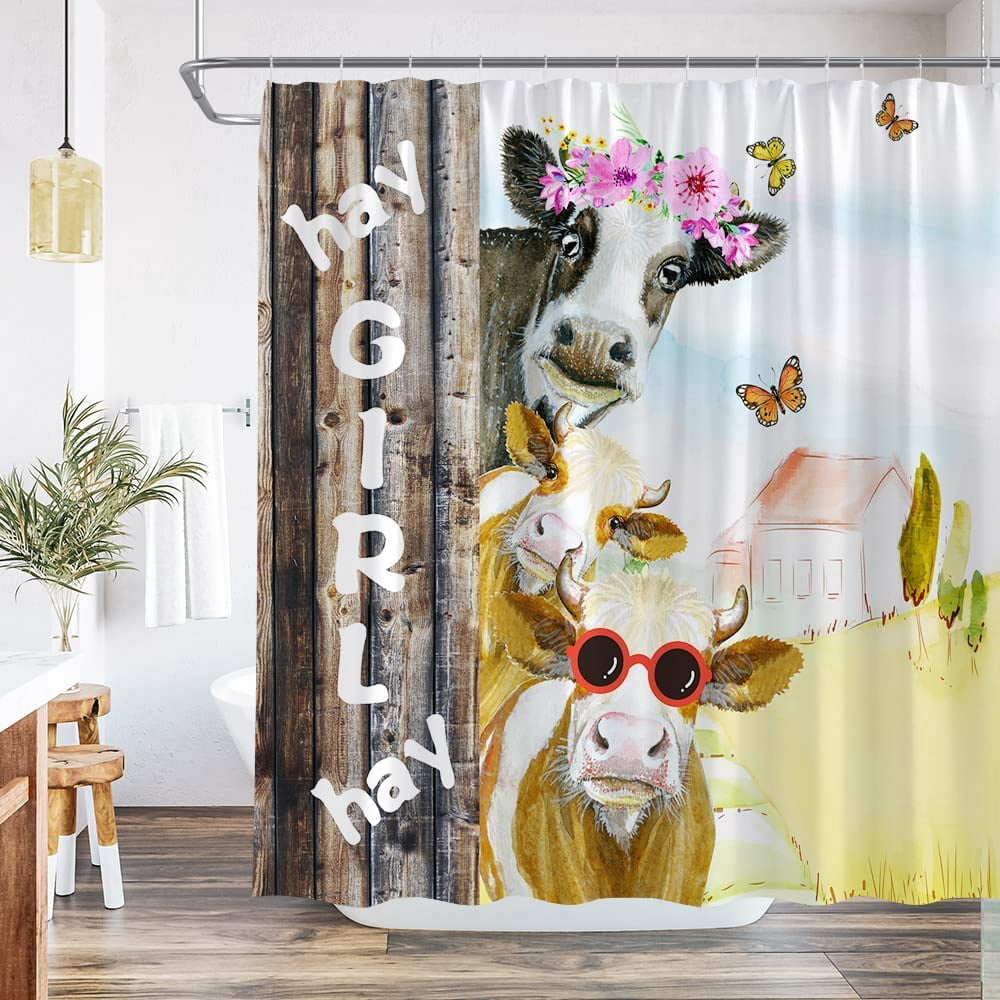 JOOCAR Farmhouse Farm Animal Cow Shower Curtain,Funny Milk Cow Flower ...