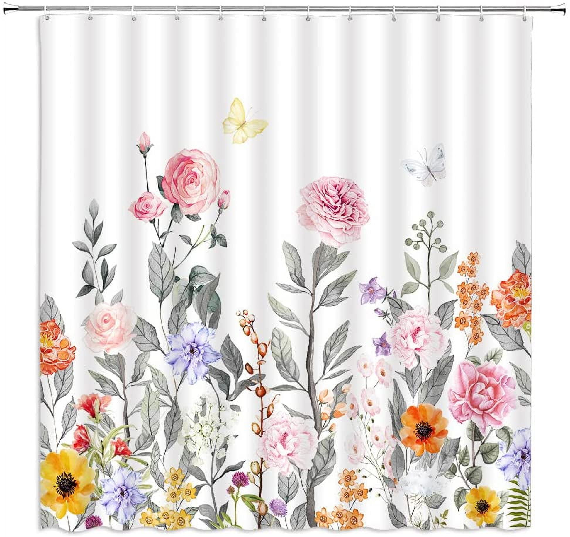 Joocar Flower Shower Curtain Spring Rustic Watercolor Floral Butterfly
