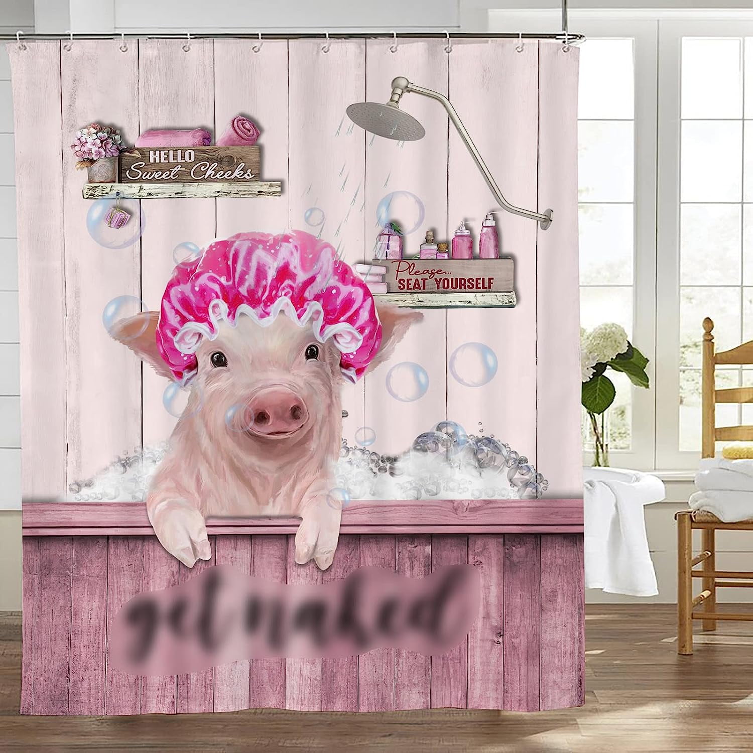 JOOCAR Funny Pink Pig Shower Curtain Rustic Country Animal Shower ...