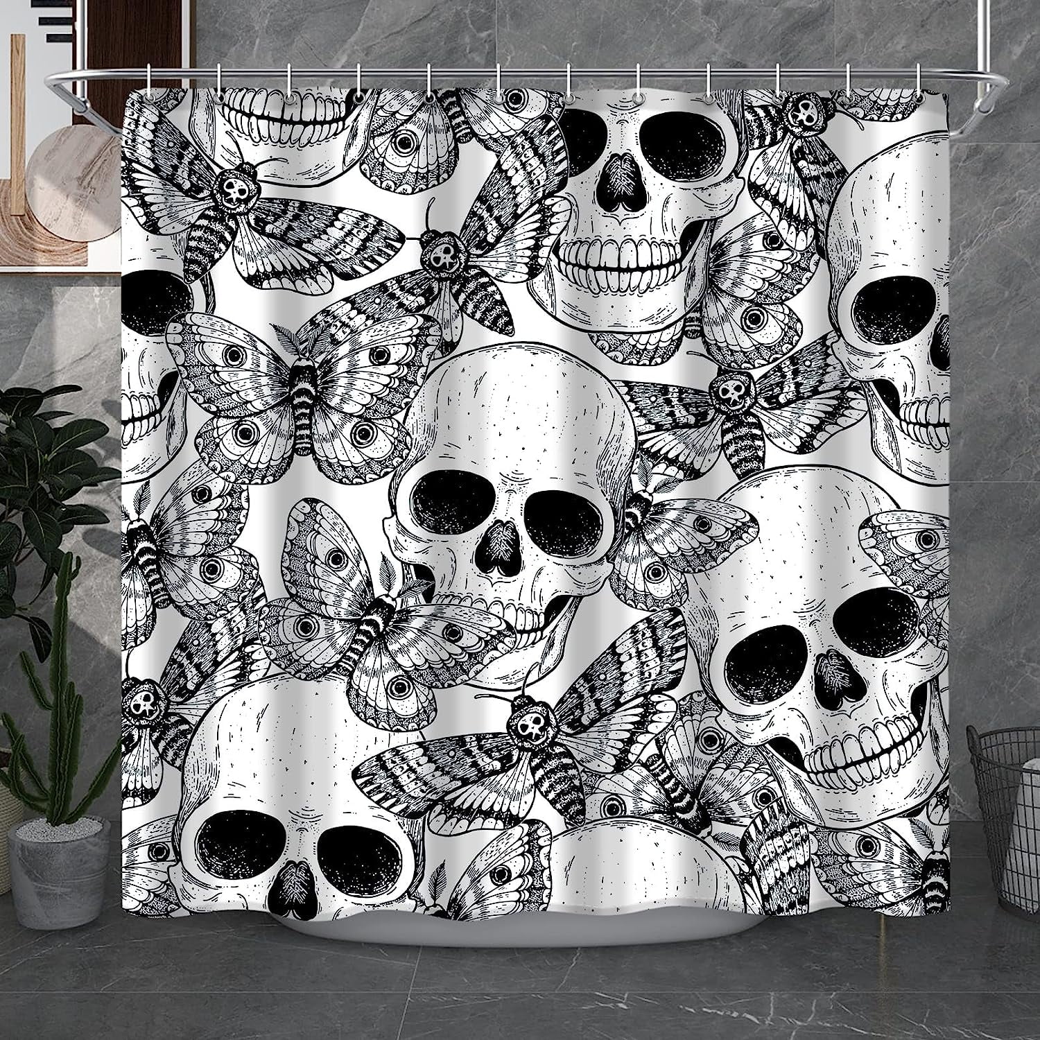 JOOCAR Halloween Skull Shower Curtain, Moth Skeleton Day of Death ...