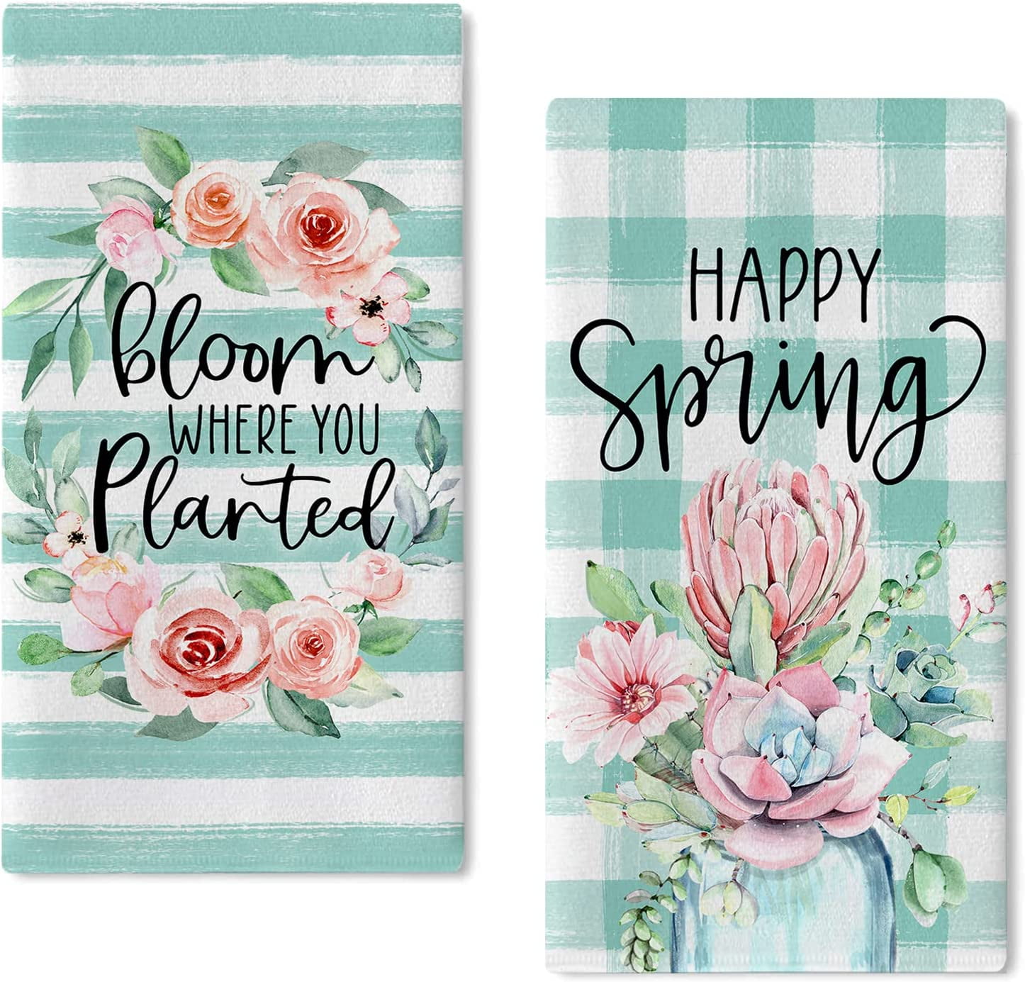JOOCAR Kitchen Towels, Hello Spring Mint Green Striped Square Rose ...